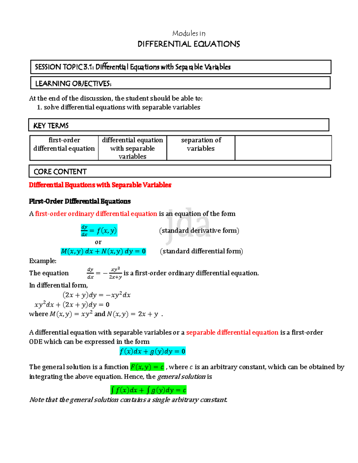 MTHN31E Topic-3 - Modules in DIFFERENTIAL EQUATIONS SESSION TOPIC 3 ...