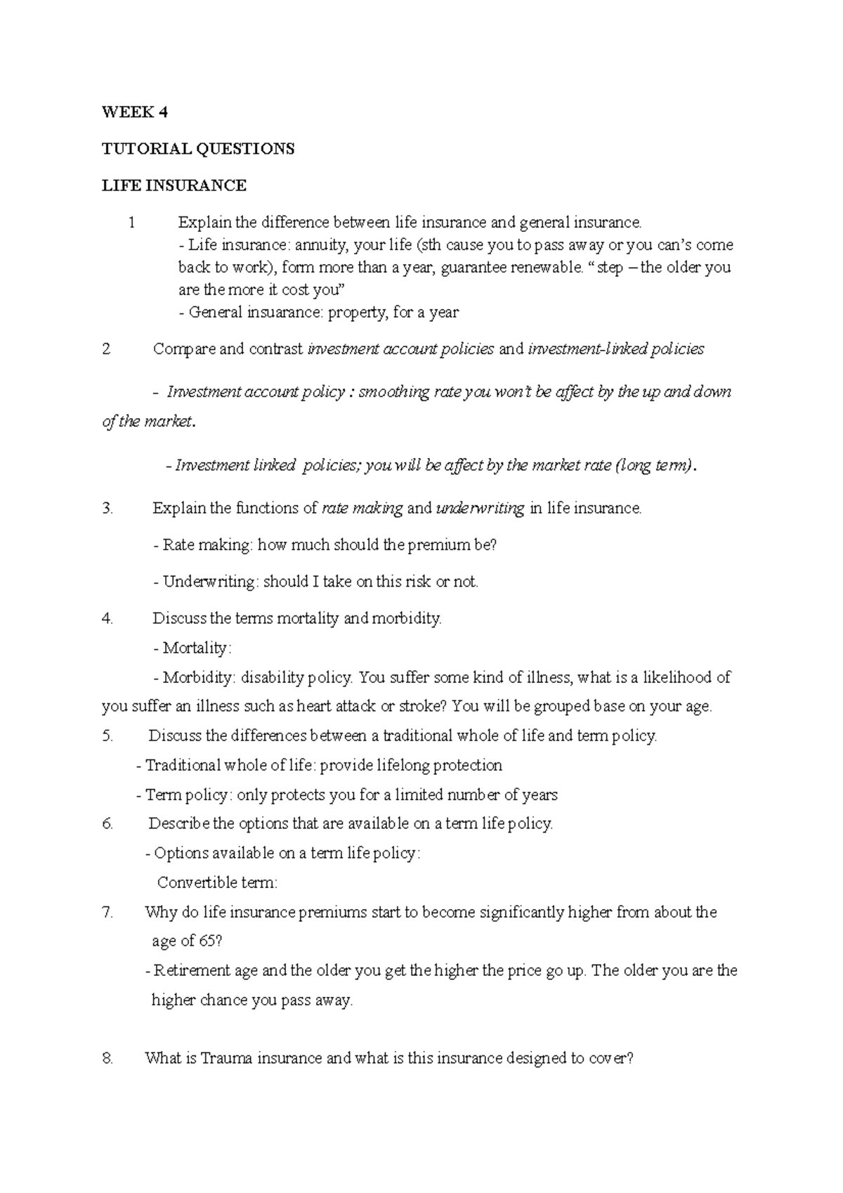 Week 4 Life Insurance Tutorial Questions-3 - WEEK 4 TUTORIAL QUESTIONS ...