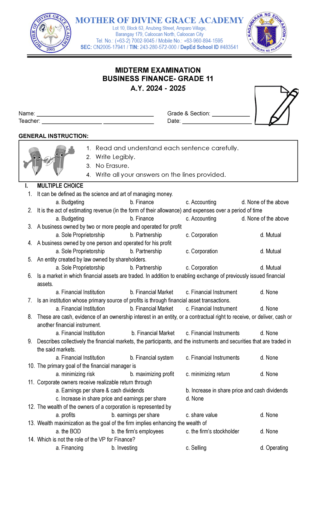 Midterm IN BUSS Finance - MIDTERM EXAMINATION BUSINESS FINANCE- GRADE ...