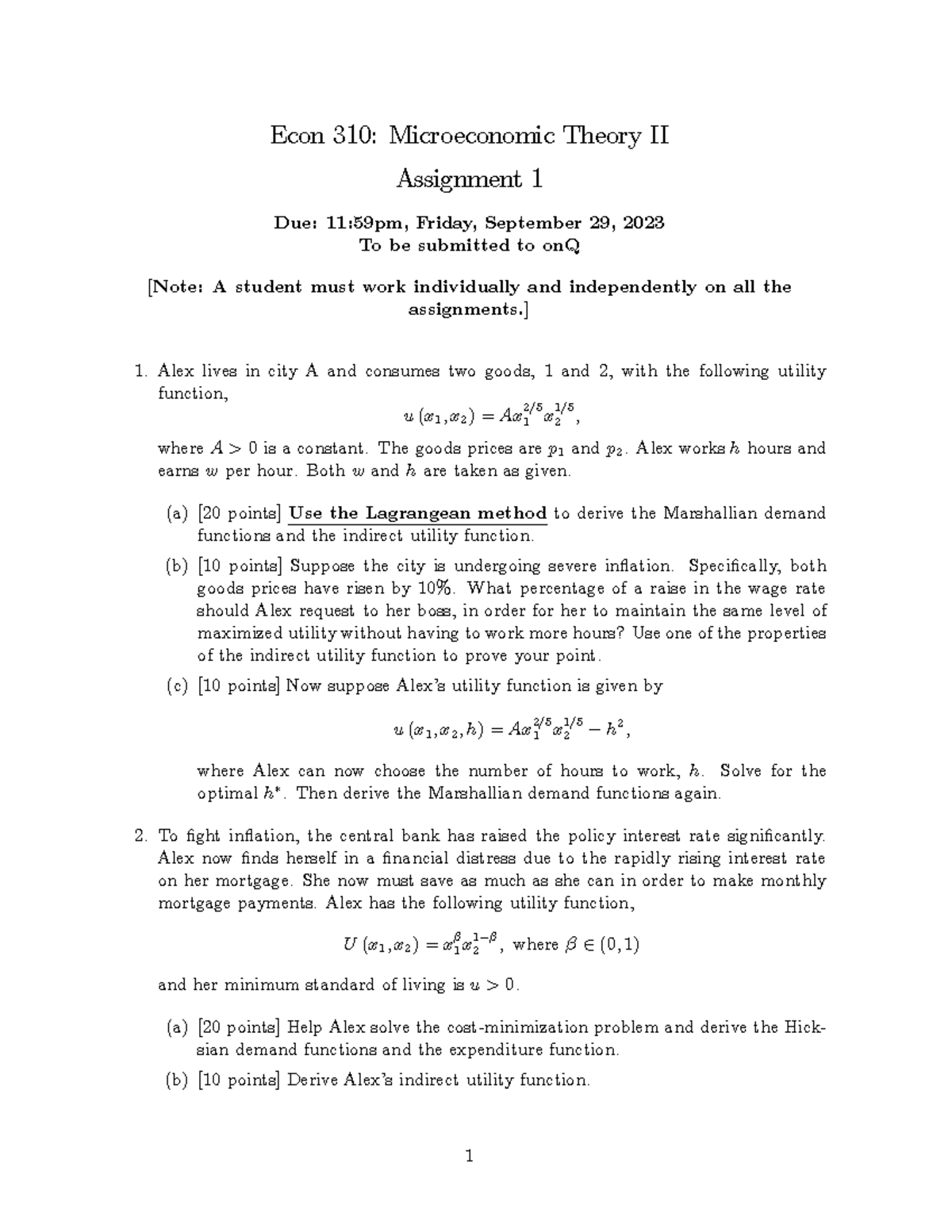 Econ310 2023f asg1 - assignment 1 - Econ 310: Microeconomic Theory II ...