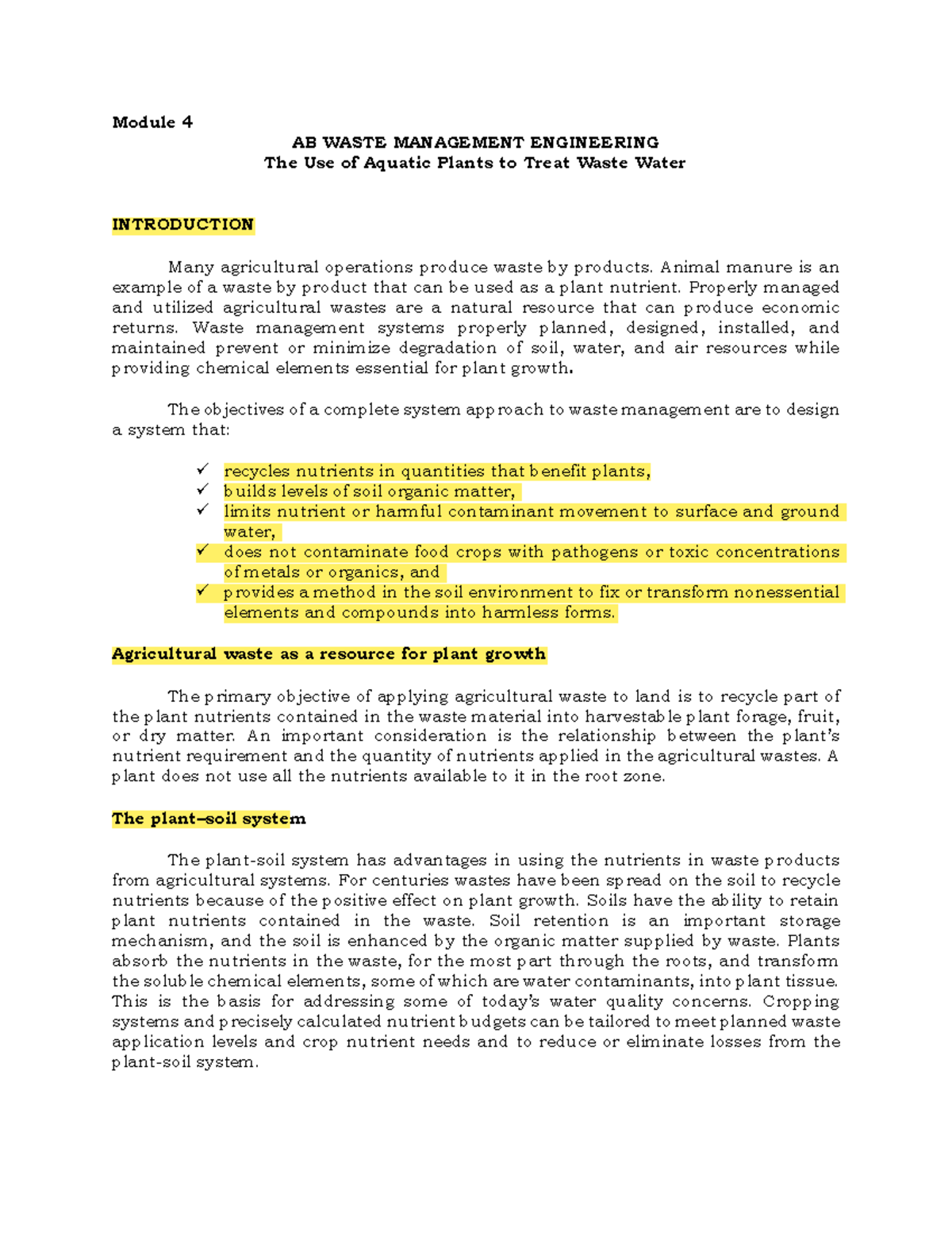 Module 4 - The Use of Aquatic Plants to Treat Waste Water - Module 4 AB ...