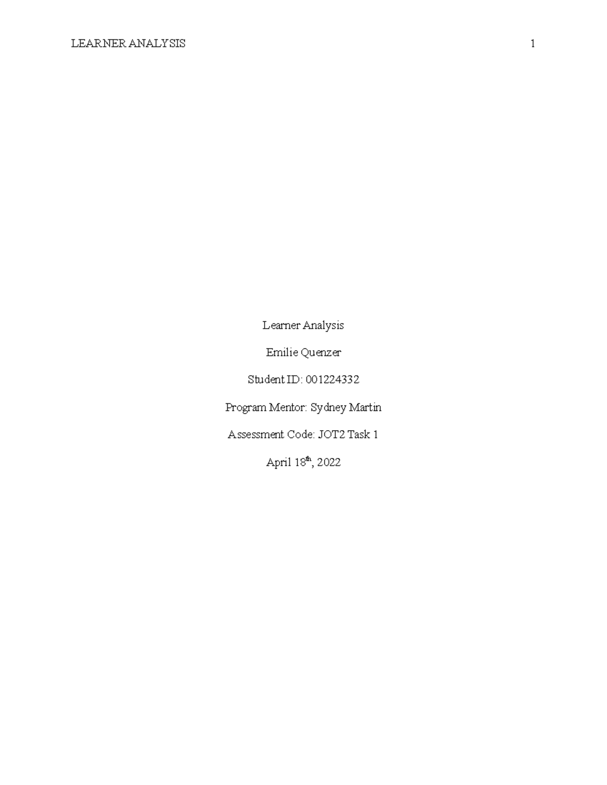 WGU learner's Analysis - Learner Analysis Emilie Quenzer Student ID ...