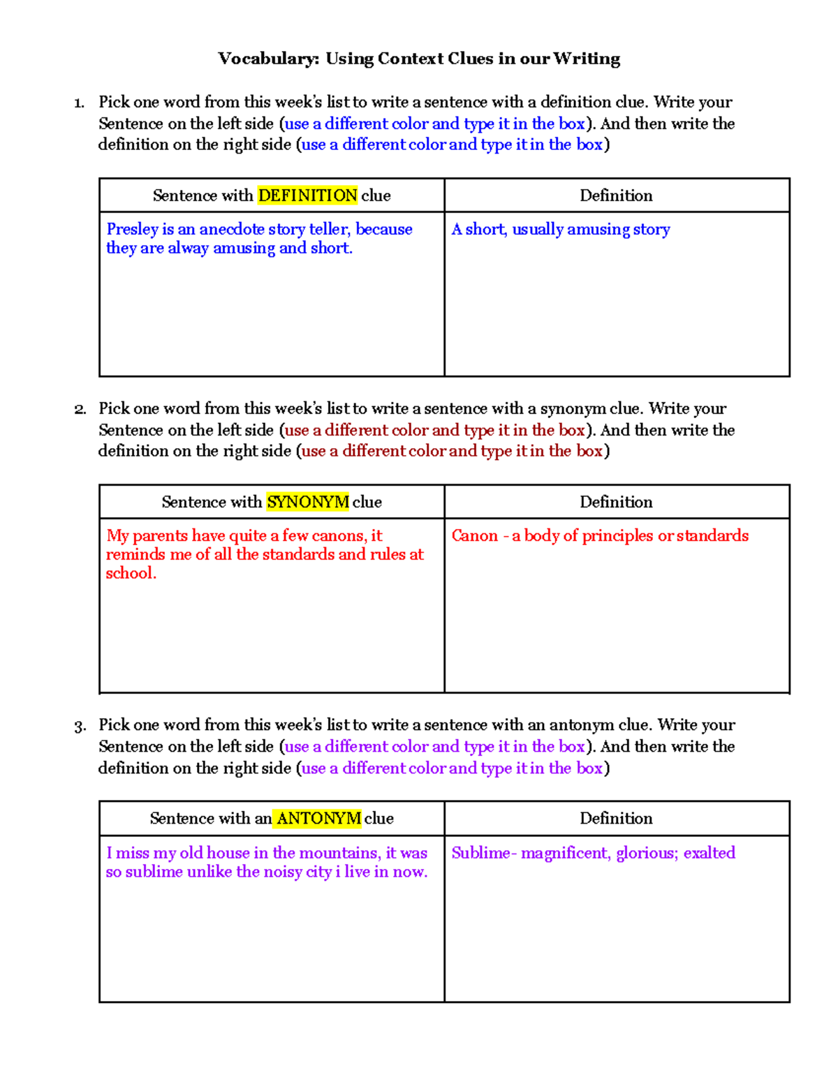 Copy of Copy of Vocabulary Context Clues Assignment - Vocabulary: Using ...