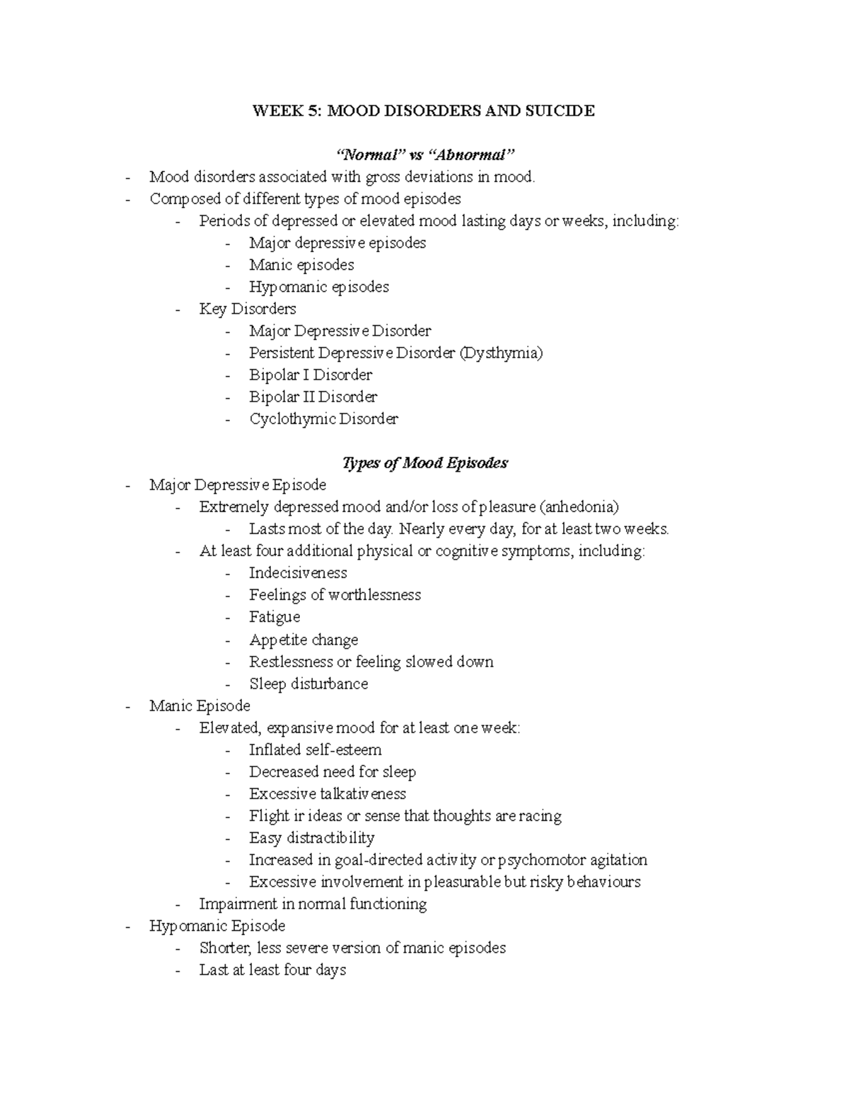 PSY305 WEEK 5 MOOD Disorders AND Suicide Notes - WEEK 5: MOOD DISORDERS ...
