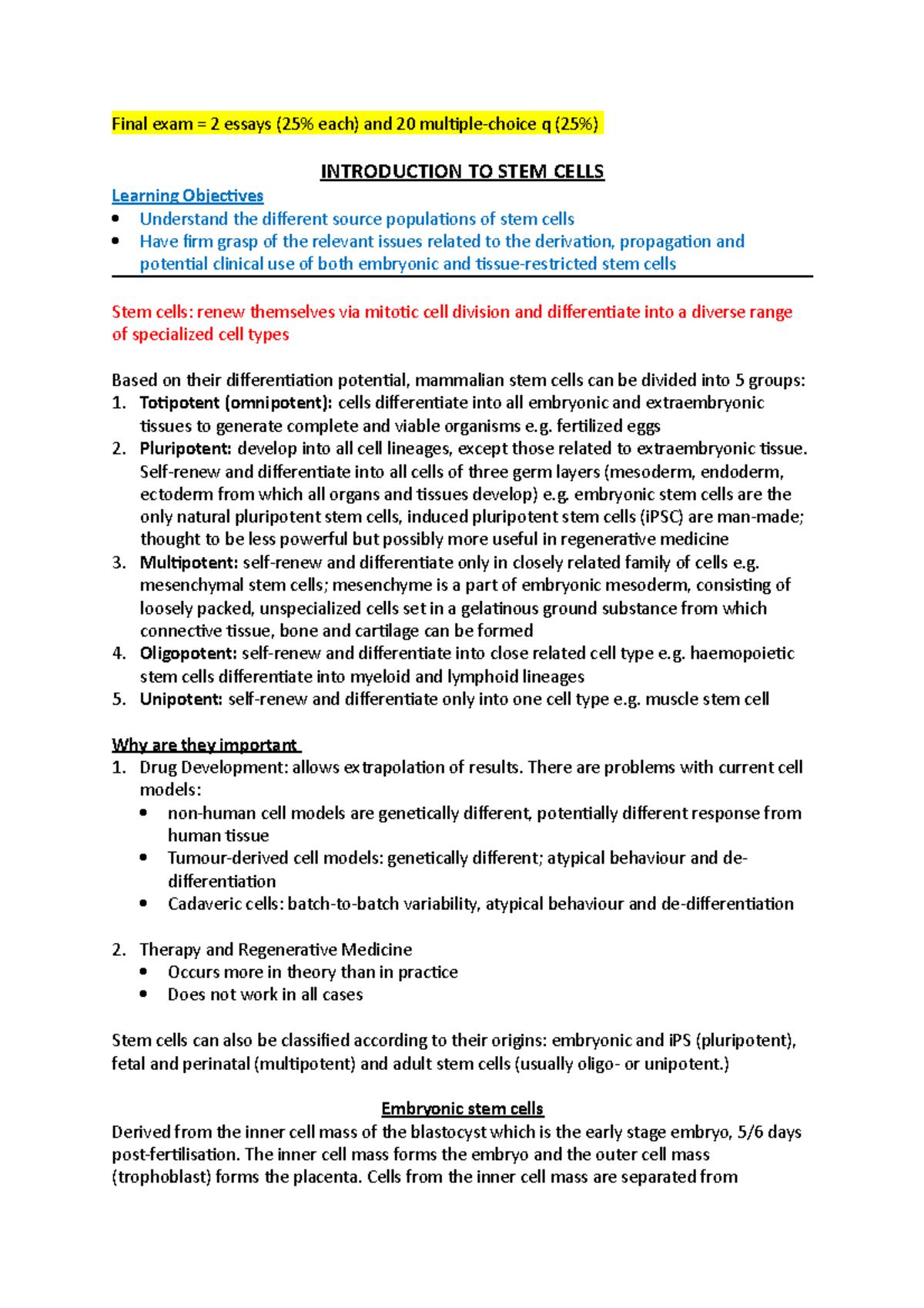 L1 Intro to Stem Cells - Lecture notes 1 - Final exam = 2 essays (25% ...