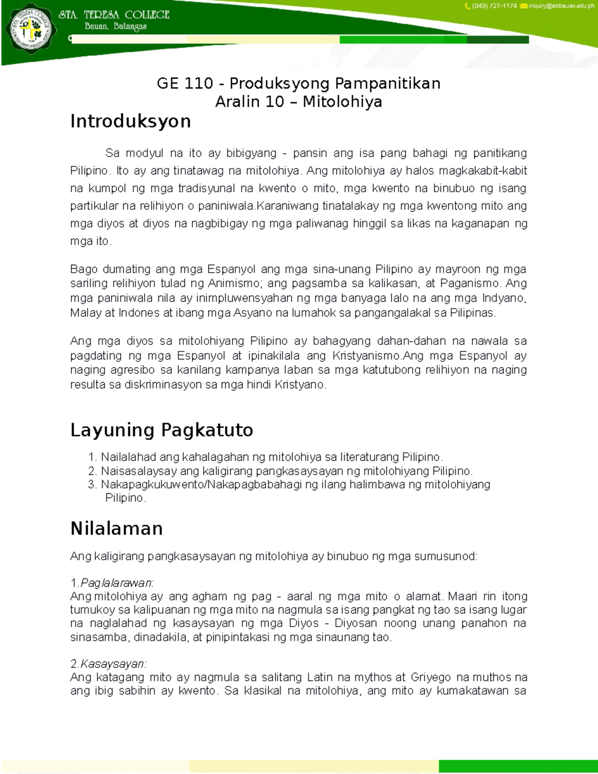 M 10 Mitolohiya - Final - GE 110 - Produksyong Pampanitikan Aralin 10 ...