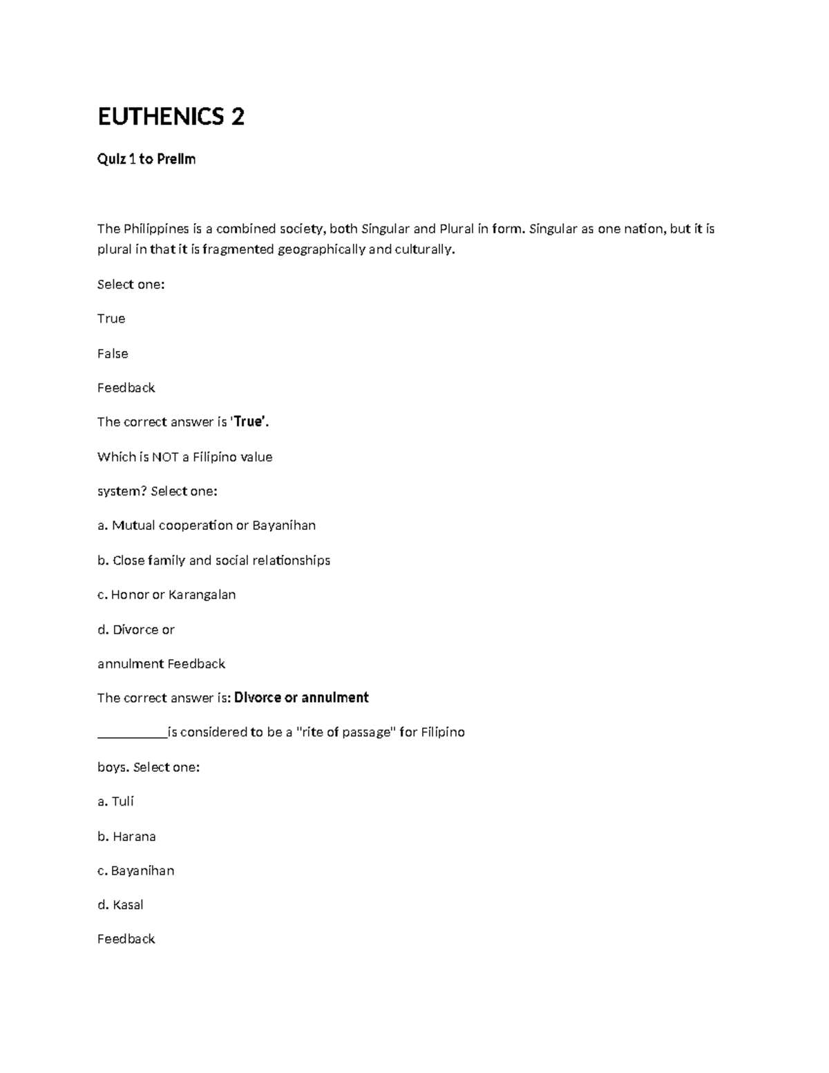 Euthenics - lecture - EUTHENICS 2 Quiz 1 to Prelim The Philippines is a ...