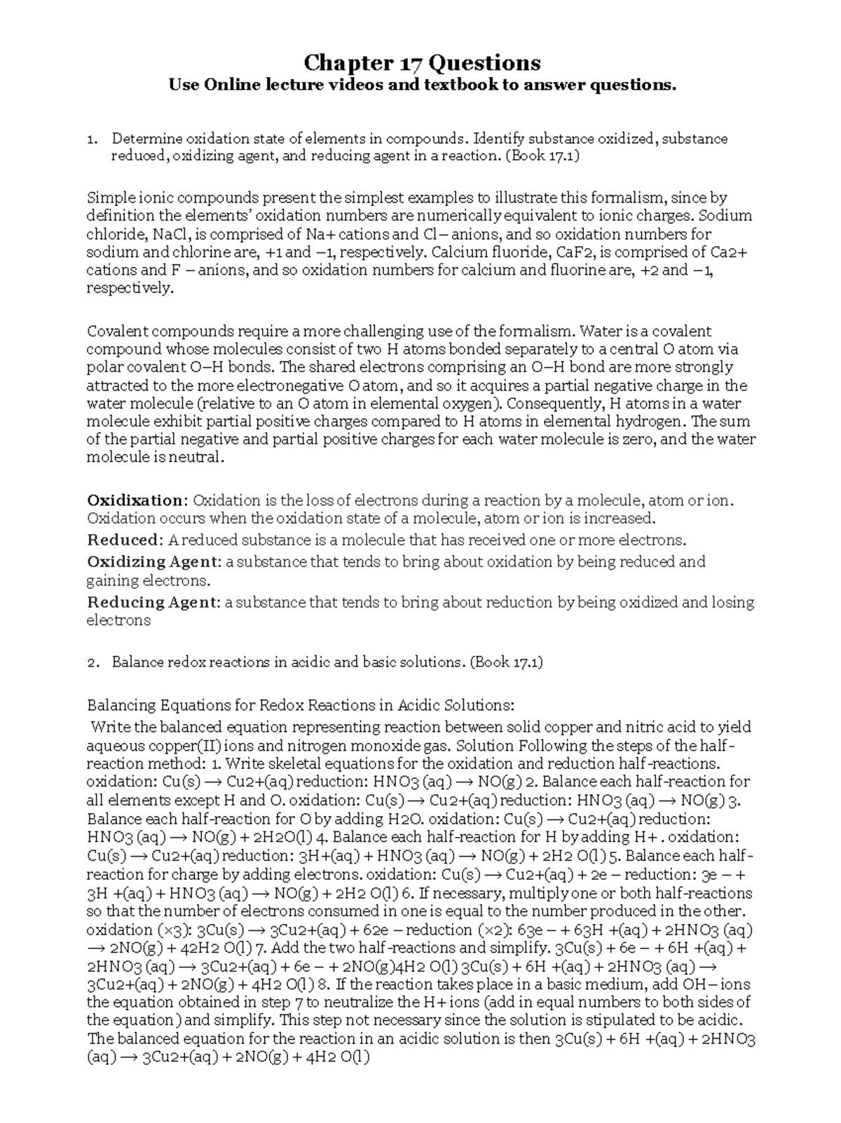 Chapter 17 Questions - help with study aid. - Use Online lecture videos ...