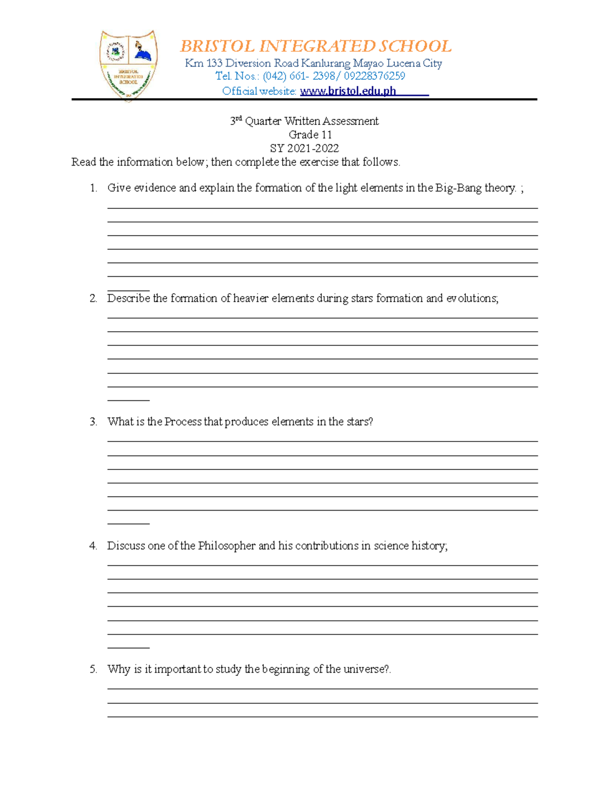 Written Assessment for Physical Science - BRISTOL INTEGRATED SCHOOL Km ...