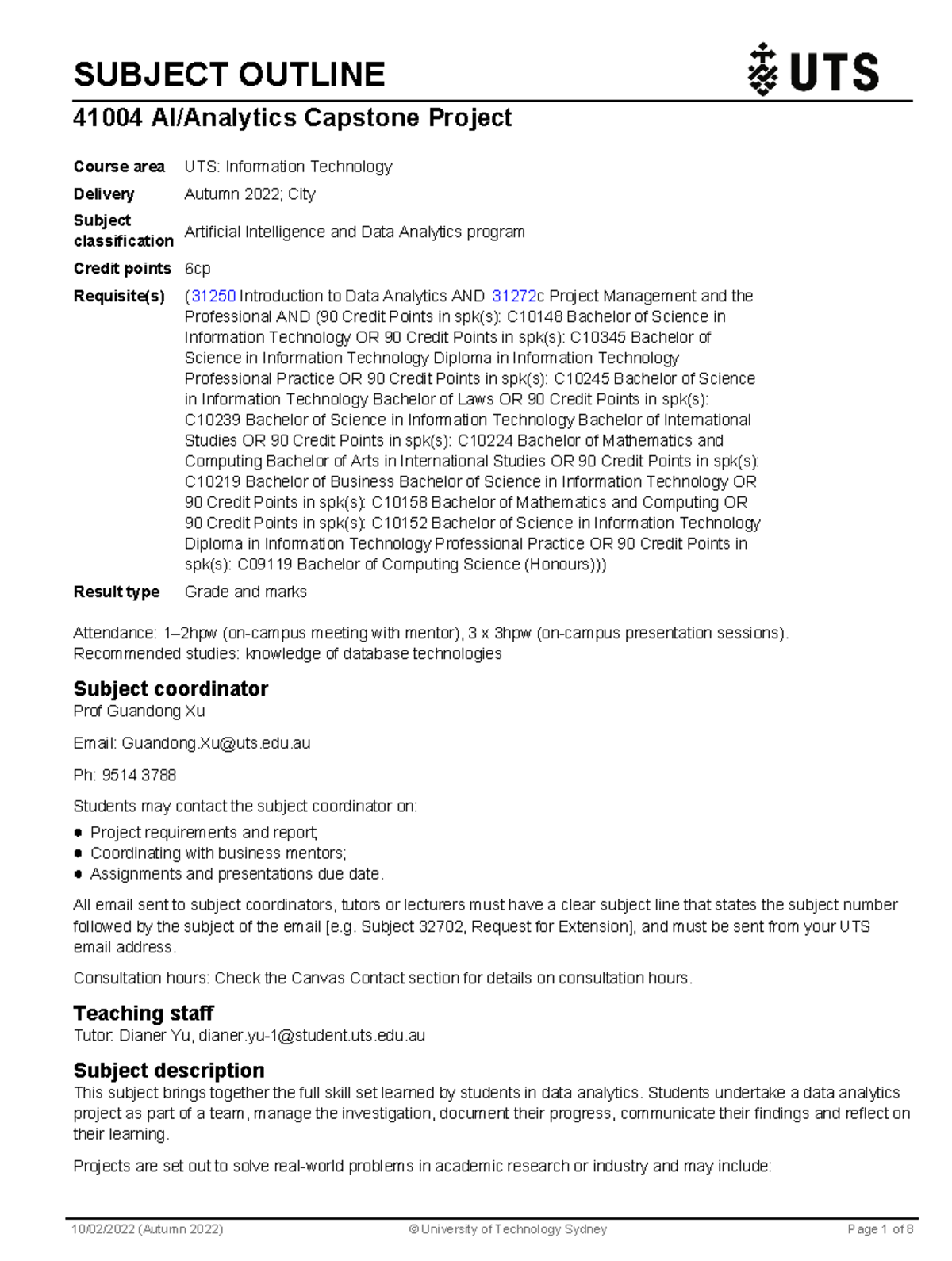 41004 AIAnalytics Capstone Project Subject Outline - SUBJECT OUTLINE ...