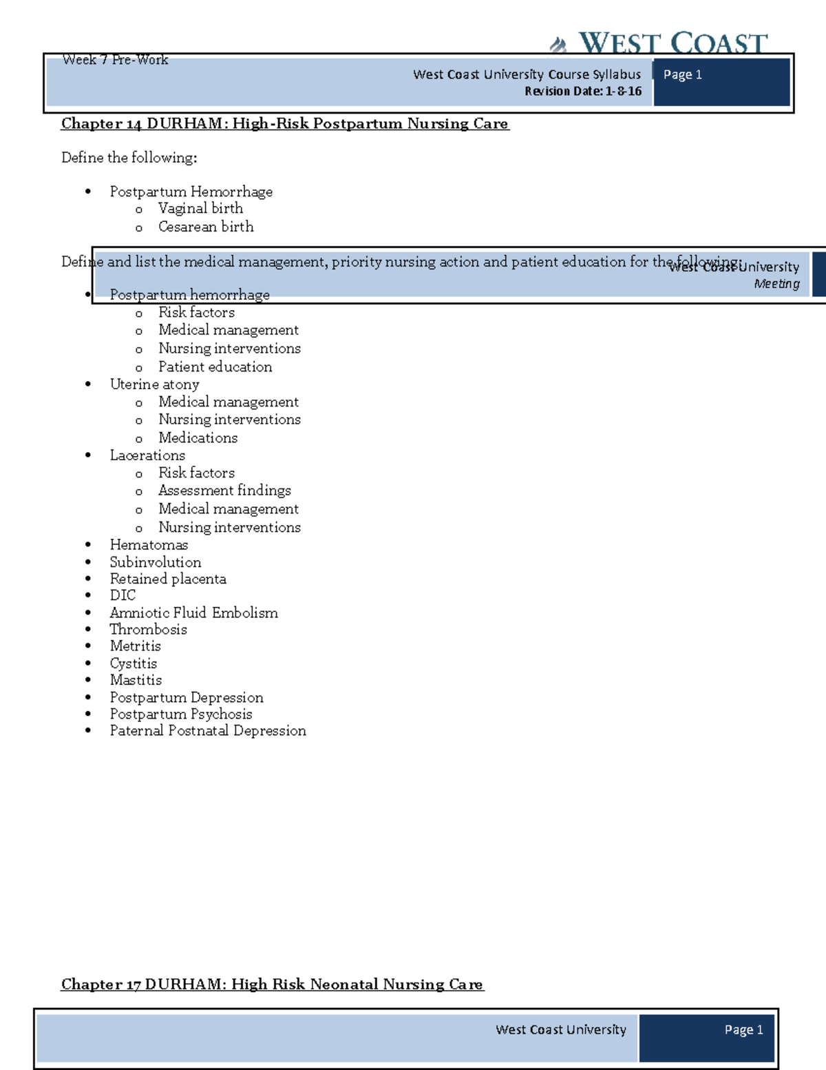 Week 7 Pre Work - n/a - West Coast University Course Syllabus Revision ...