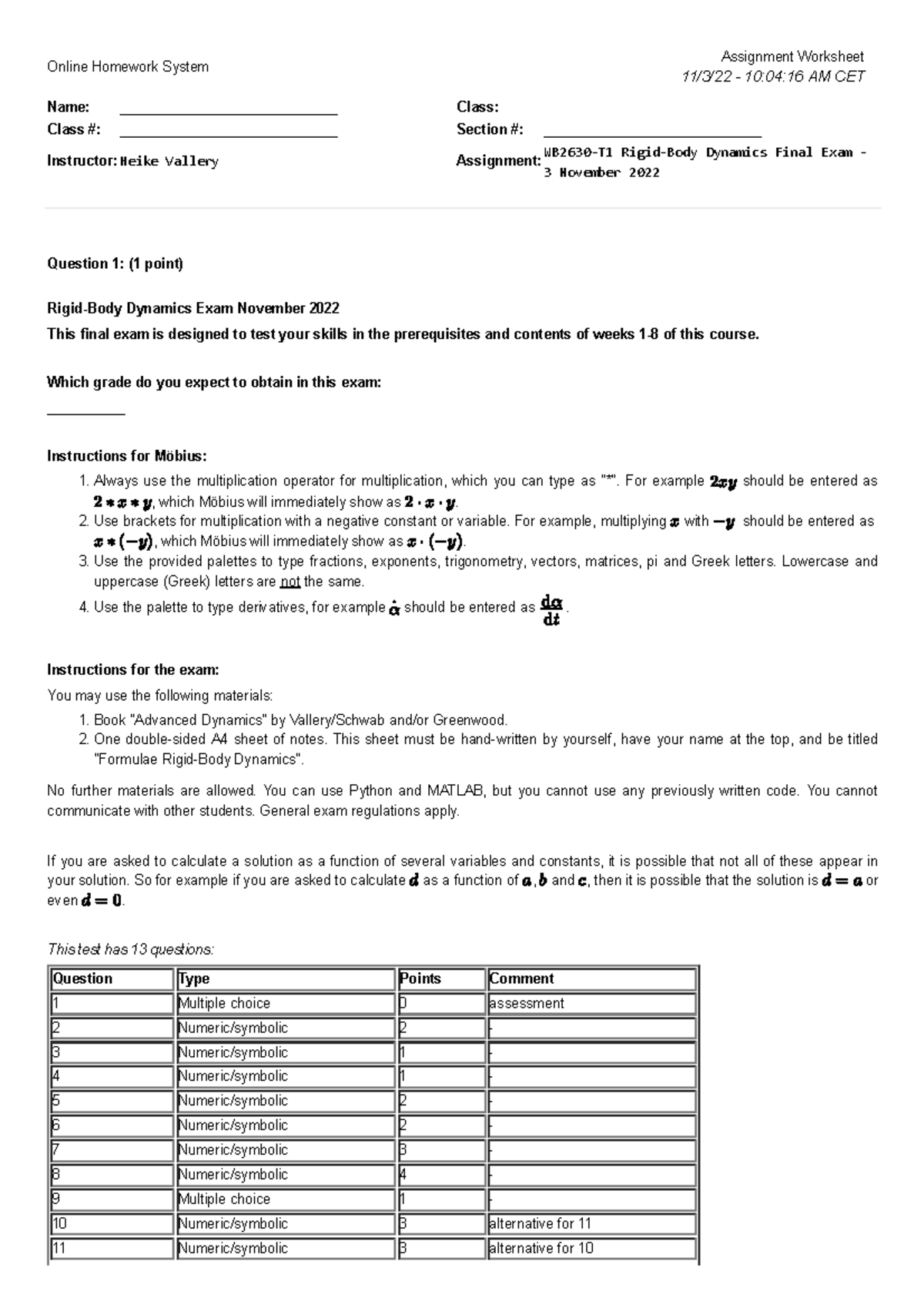 Rigid Body Dynamics Final Exam Nov2022 withanswers - ####### Online ...