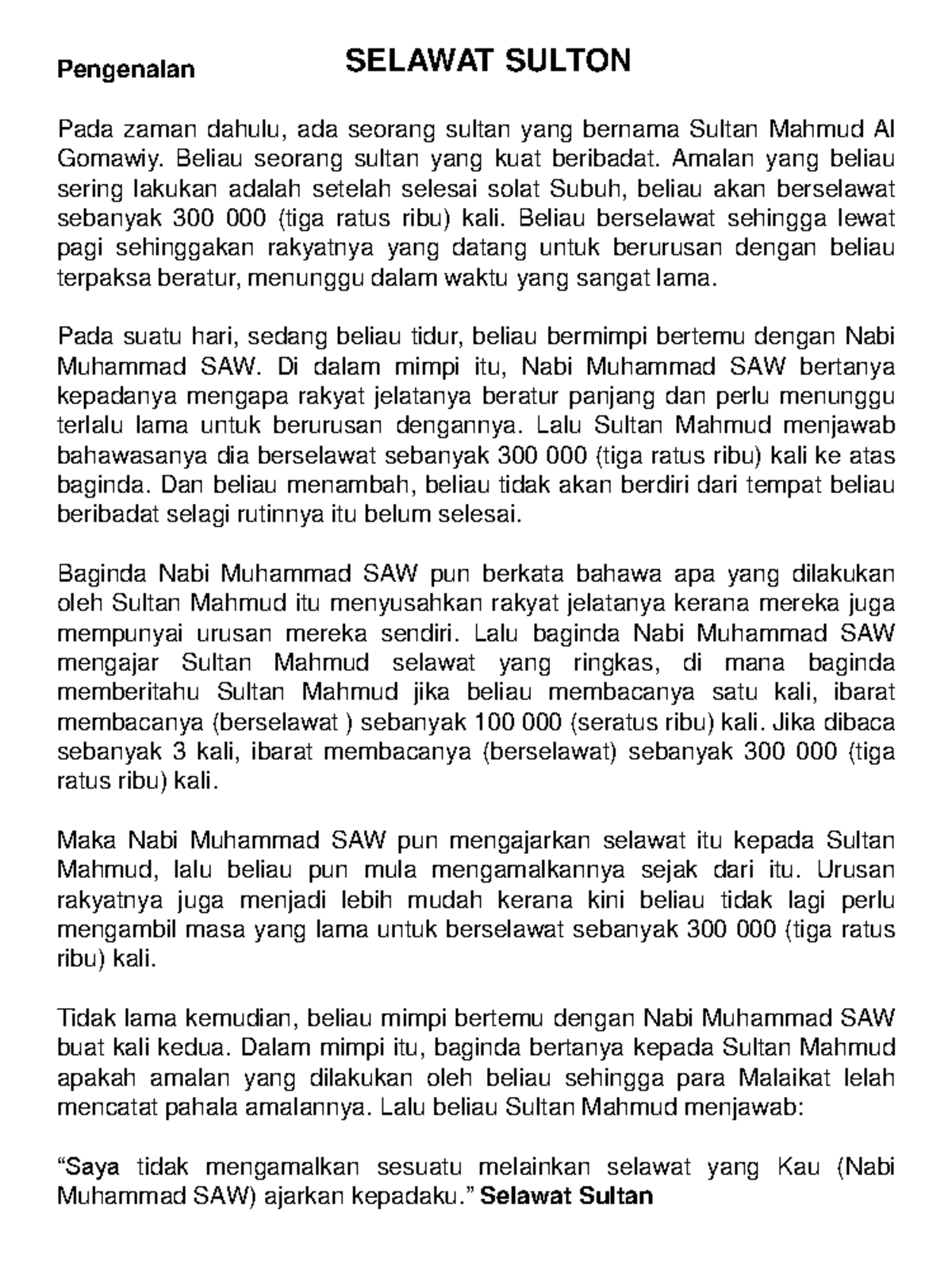 Selawat Sulton article - Pengenalan Pada zaman dahulu, ada seorang ...