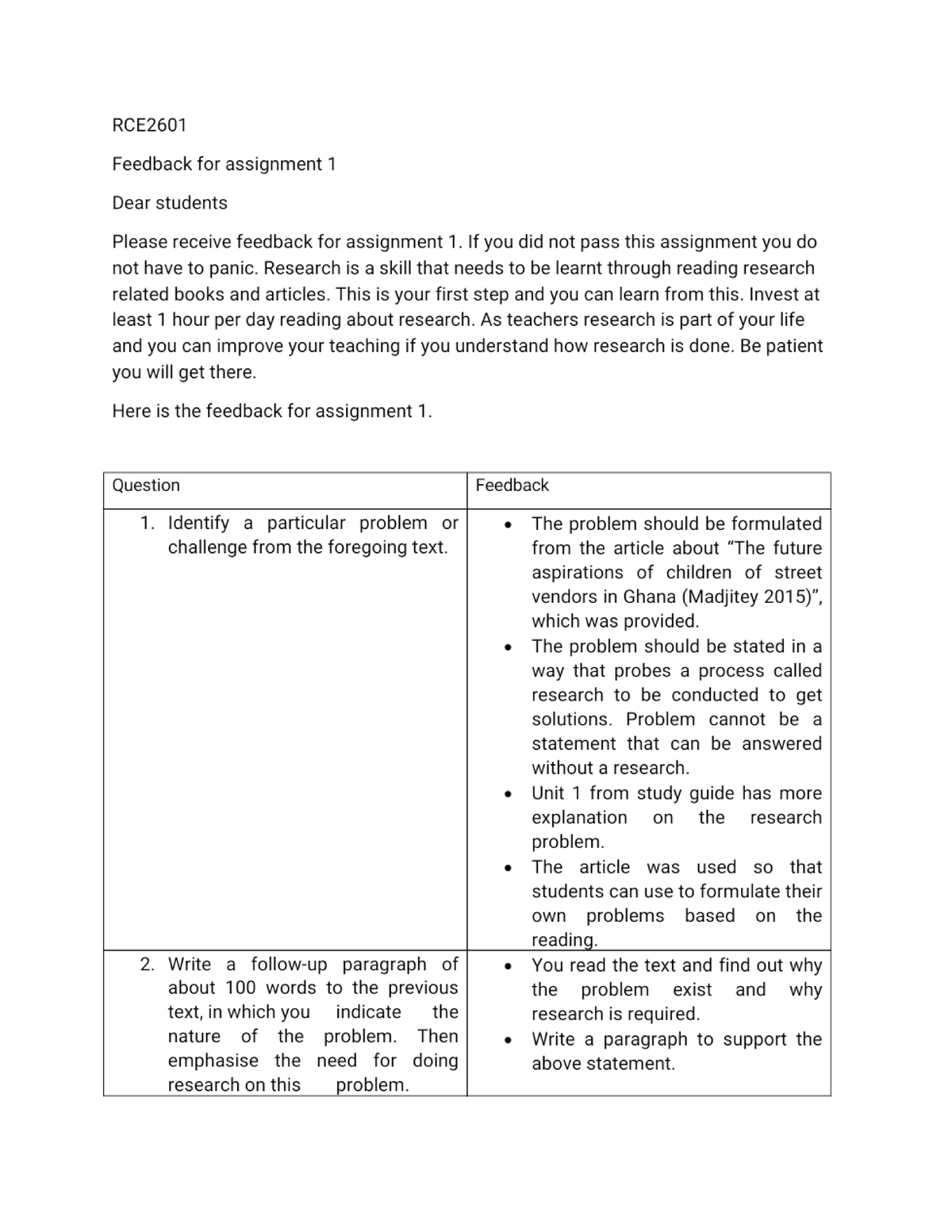 RCE feedback - RCE2601 - Studocu