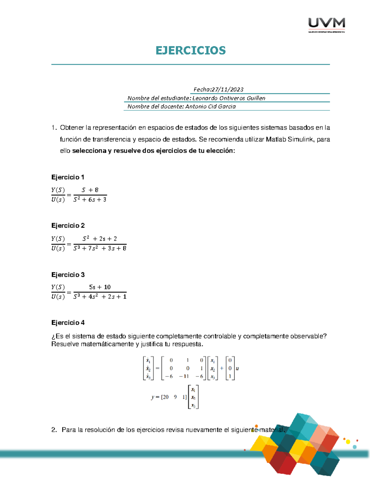 Act 9 Ejercicios LOG - Ojala y les ayude esto xd - EJERCICIOS Fecha: 27 / 11 / 2023 Nombre del ...