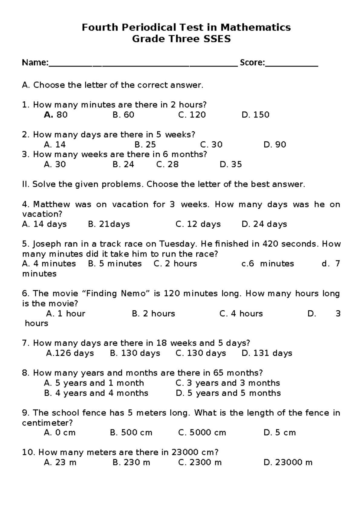 Fourth Periodical Test in Mathematics - Choose the letter of the ...