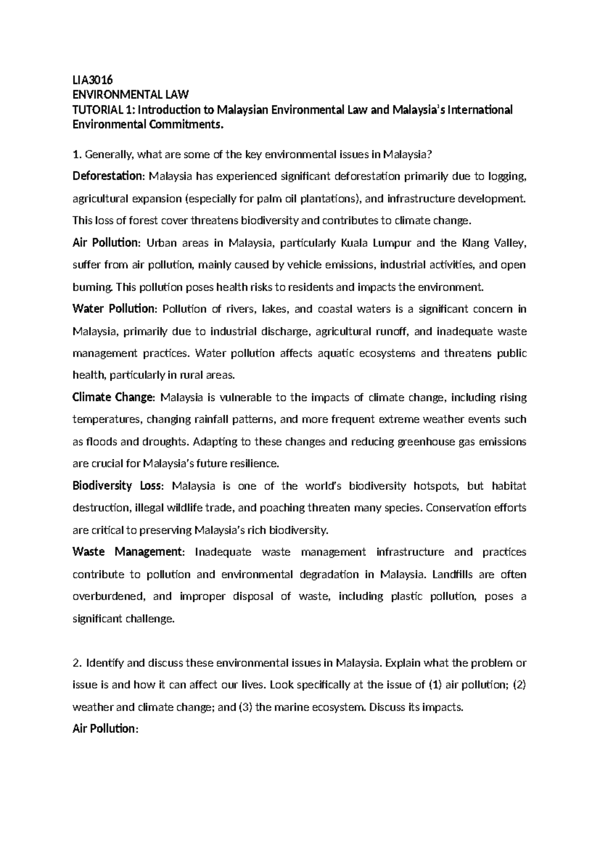 Tutorial 1 - hope it helps - LIA ENVIRONMENTAL LAW TUTORIAL 1: Introduction to Malaysian - Studocu