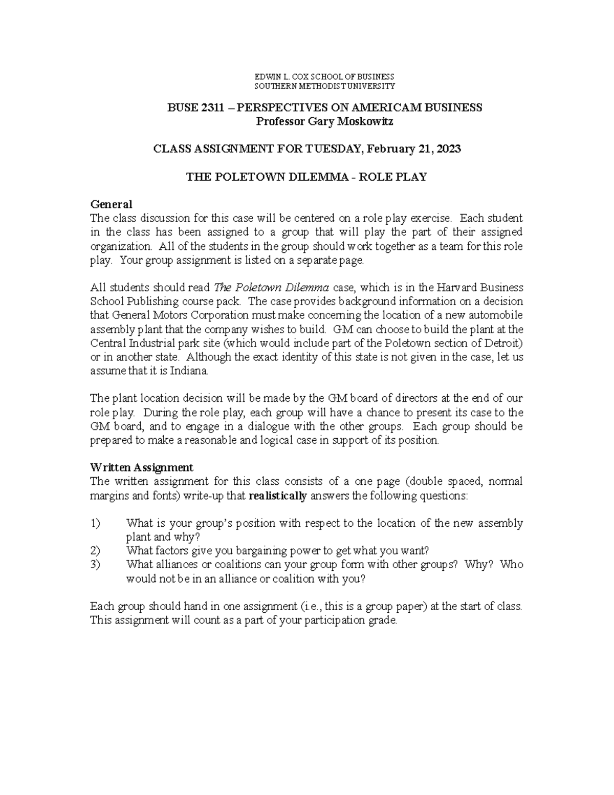 Poletown Dilemma Assignment Spring 2023 - EDWIN L. COX SCHOOL OF ...