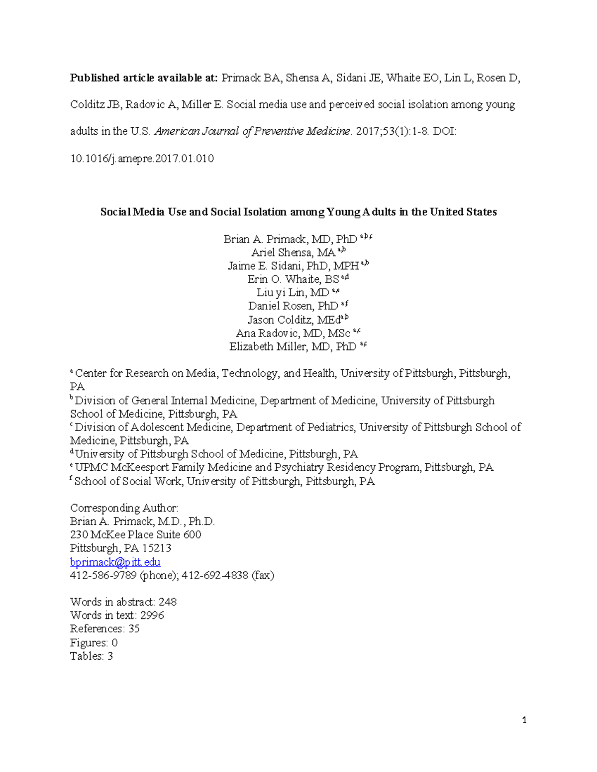 Article 1 - Hhnn - Published article available at: Primack BA, Shensa A ...