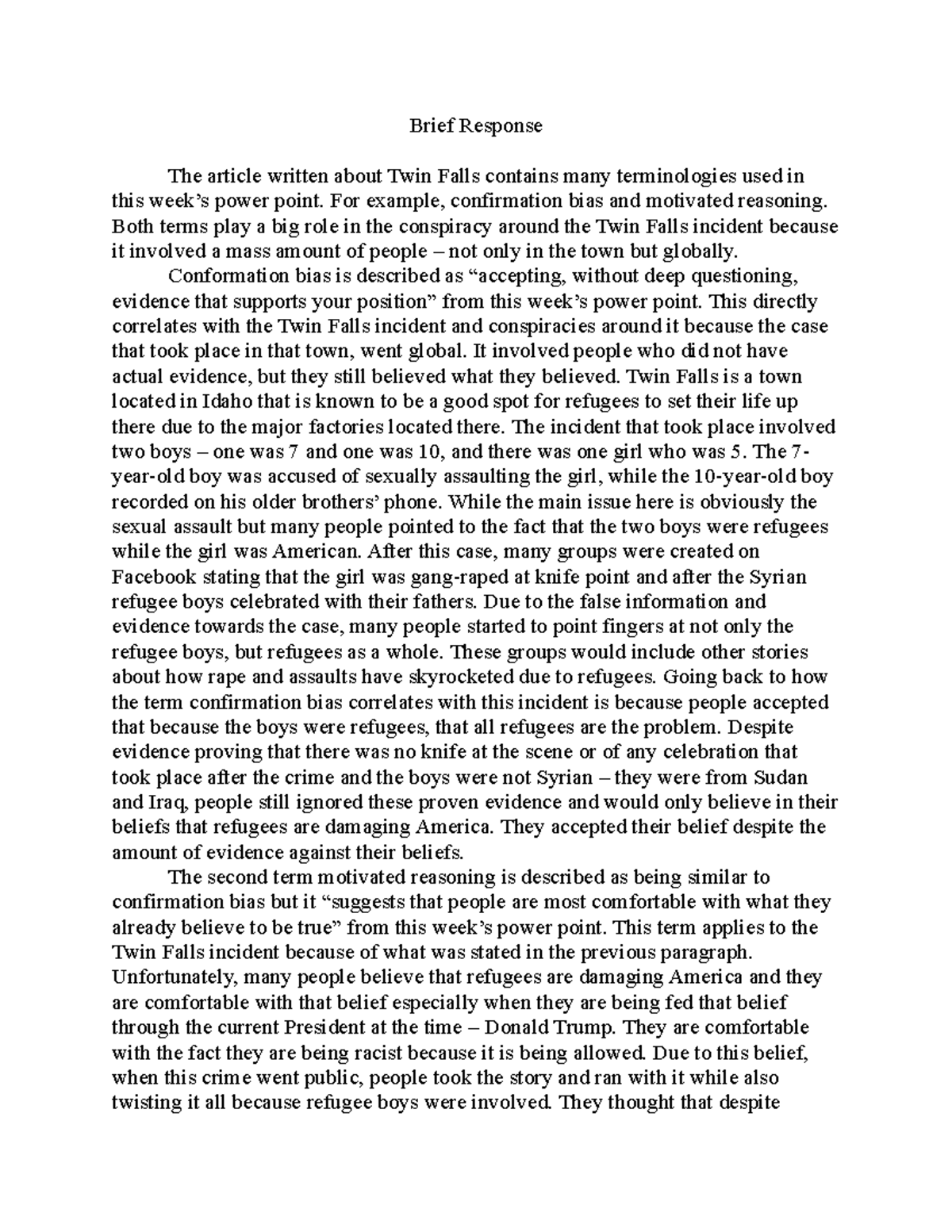 Brief Response - Brief Response The article written about Twin Falls ...