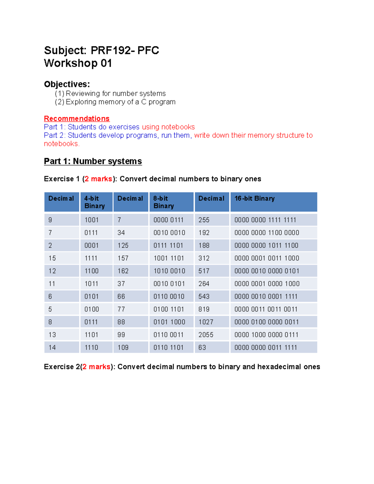 Workshop 01 - Subject: PRF192- PFC Workshop 01 Objectives: (1) Reviewing for number systems (2 ...