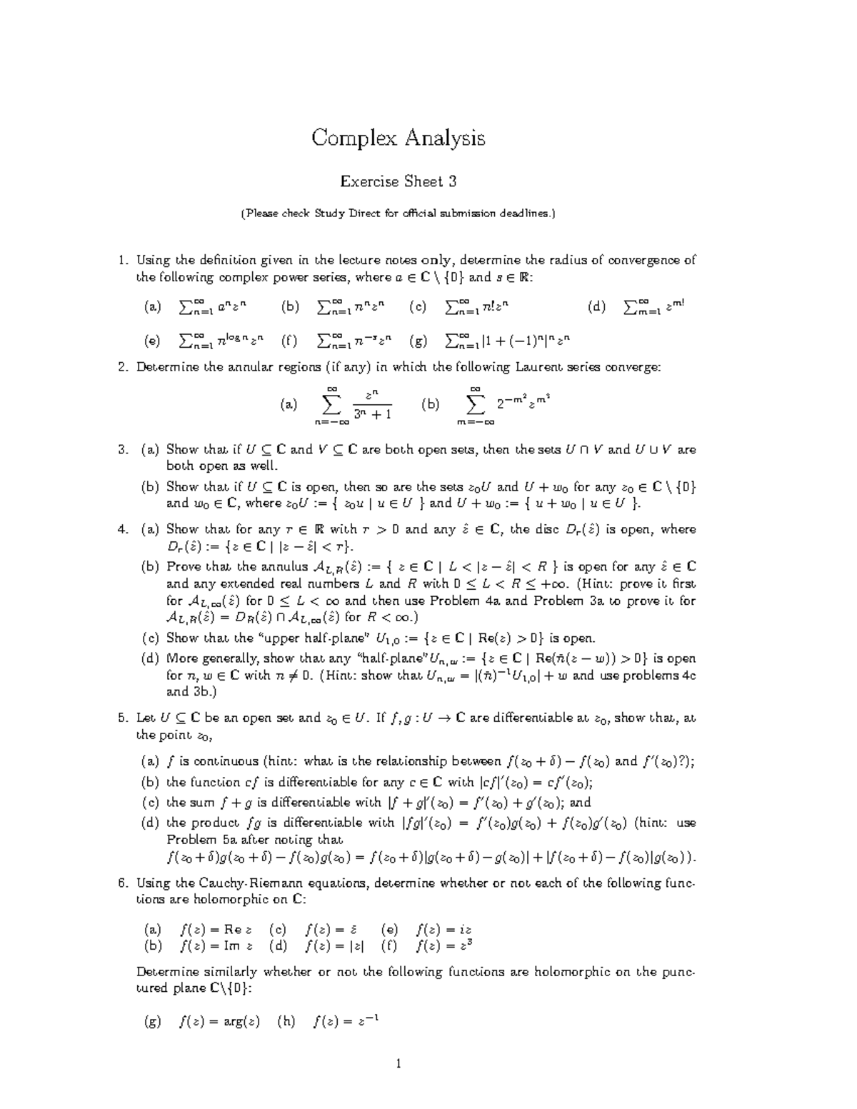 Complex analysis worksheet 3 2016 - Complex Analysis Exercise Sheet 3 (Please check Study Direct ...