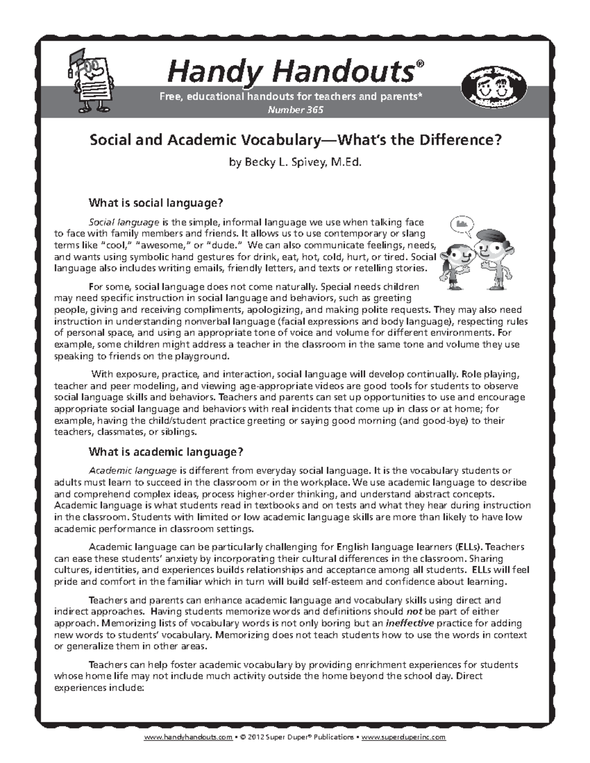 1 Social and academic language - handyhandouts • © 2012 Super Duper ...