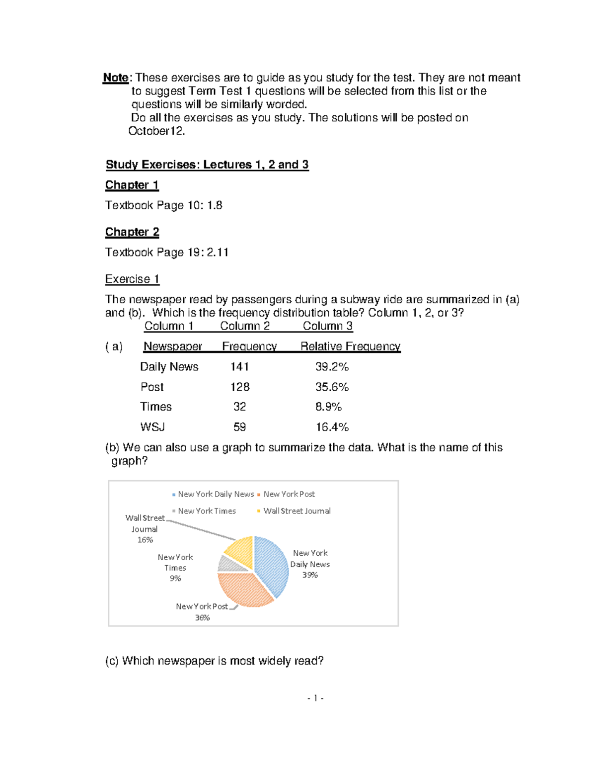 Study Exercises-Lectures 1-3 - Note: These exercises are to guide as ...