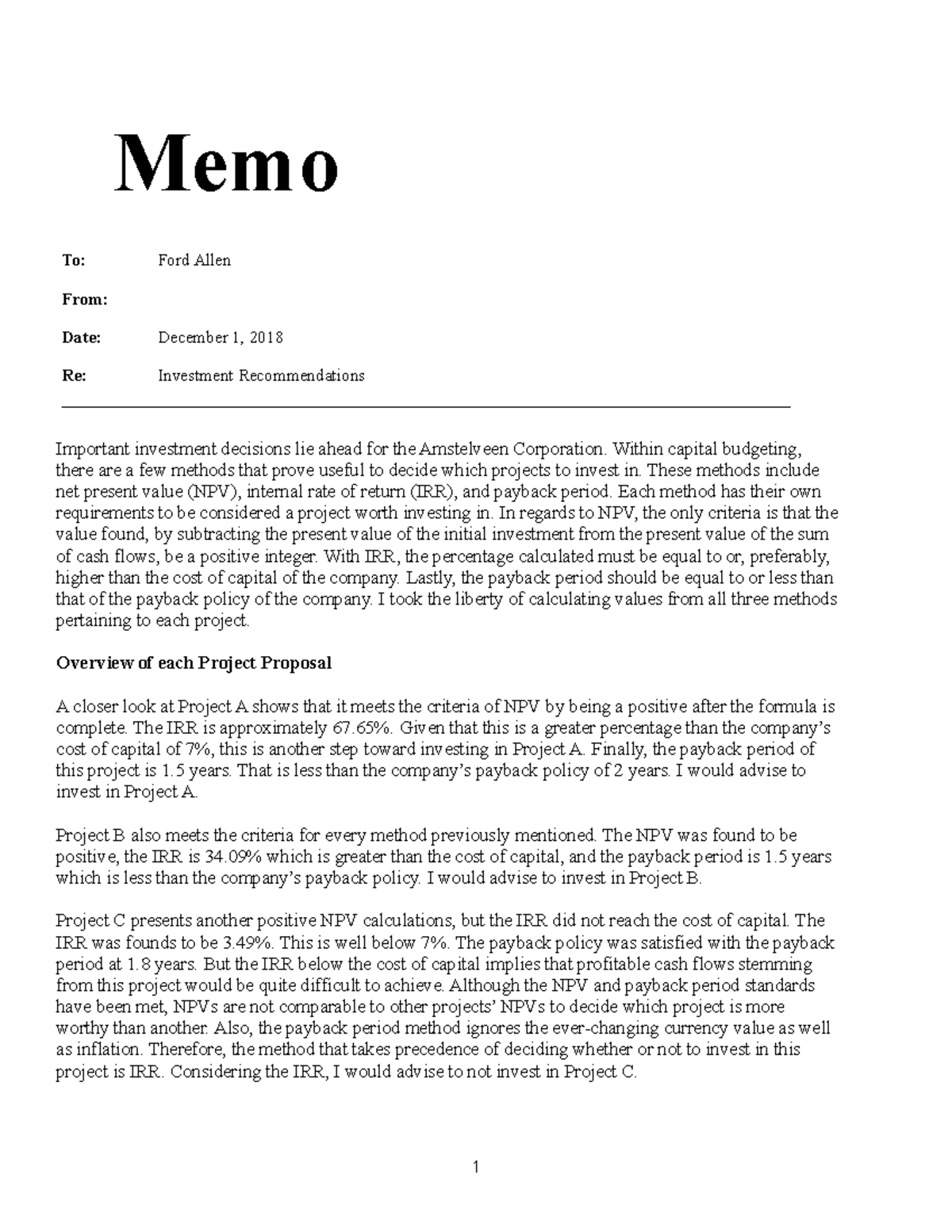 ACCT 3321 Memo 2 - I received an A on this assignment. - Memo To: Ford ...
