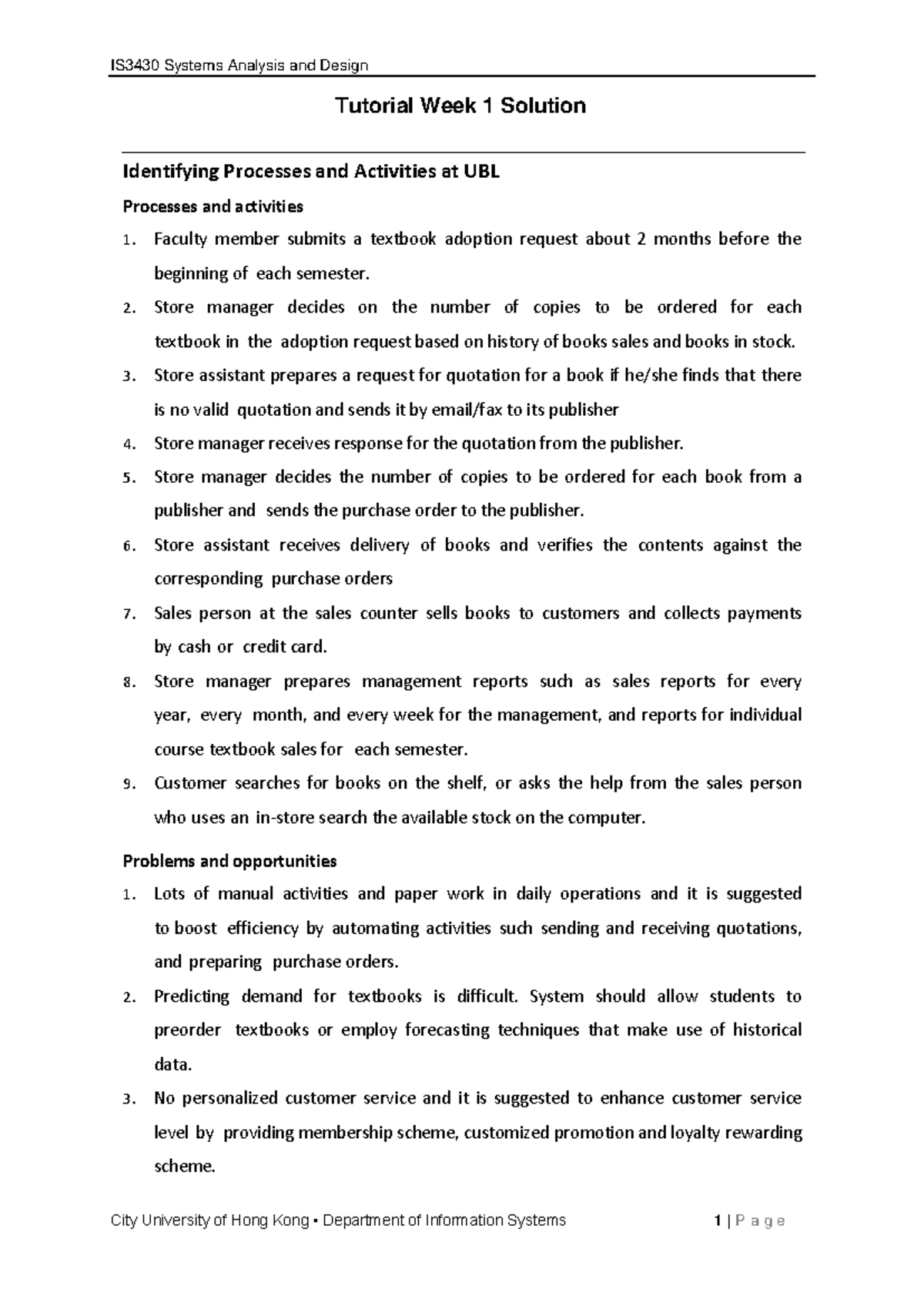 3430tutorialsolution all - Tutorial Week 1 Solution Identifying Processes and Activities at UBL ...