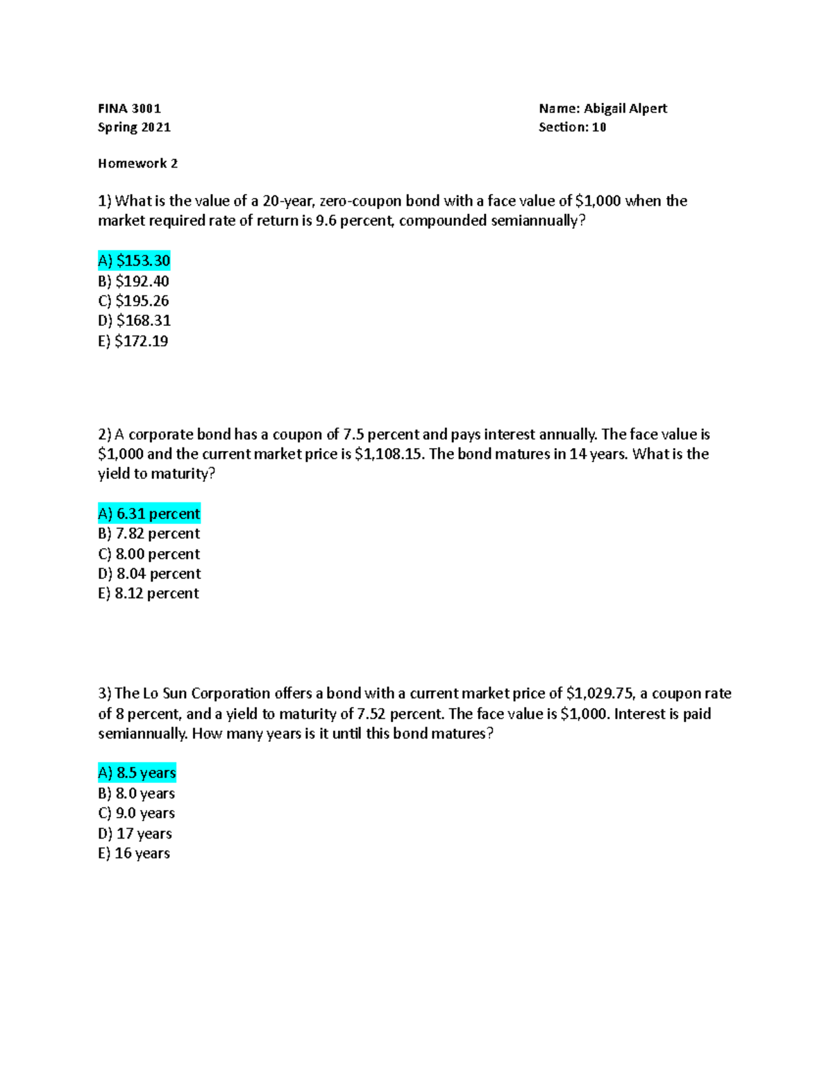 FINA 3001 Spring 2021 HW 2 - FINA 3001 Name: Abigail Alpert Spring 2021 ...