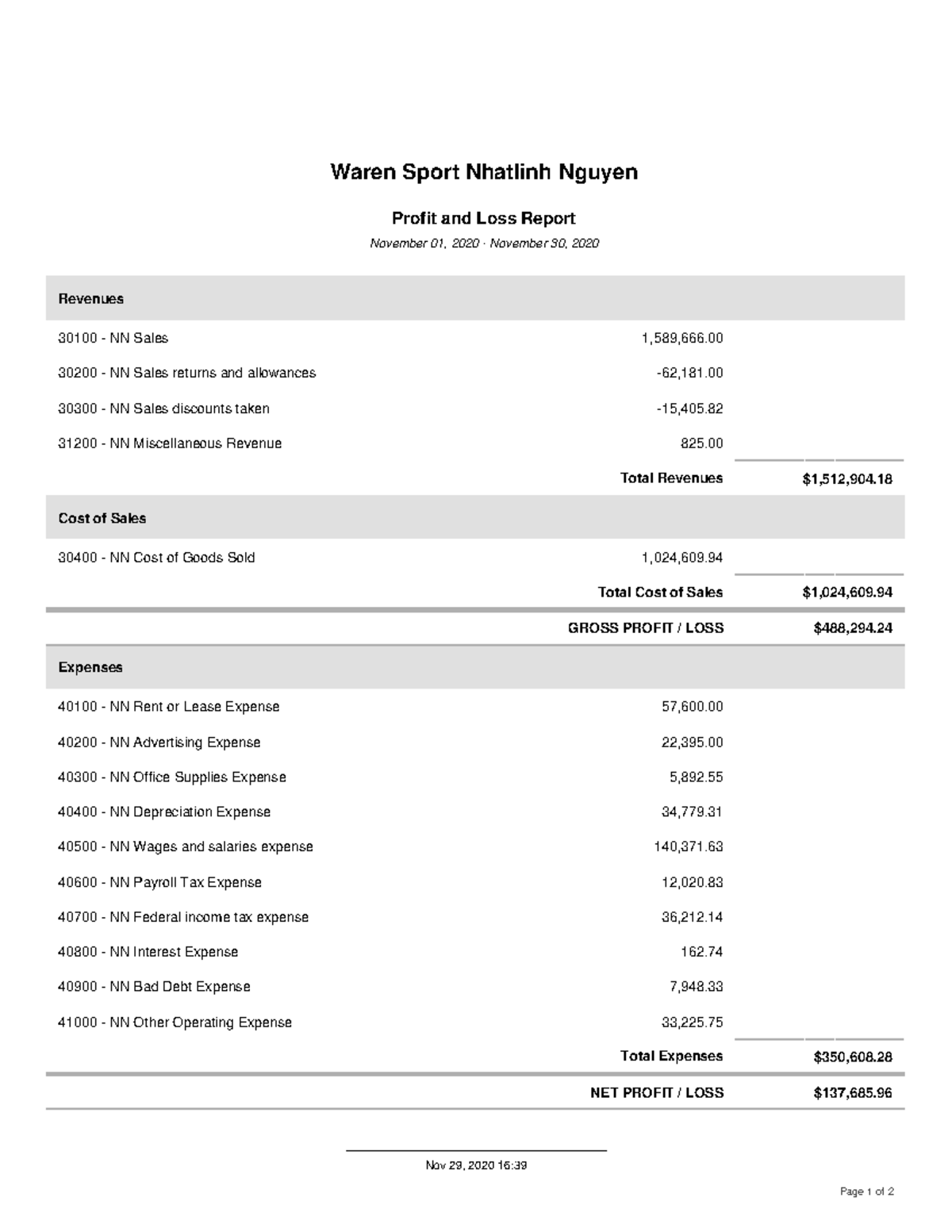Income Statement - summary - Revenues Waren Sport Nhatlinh Nguyen - Nov ...