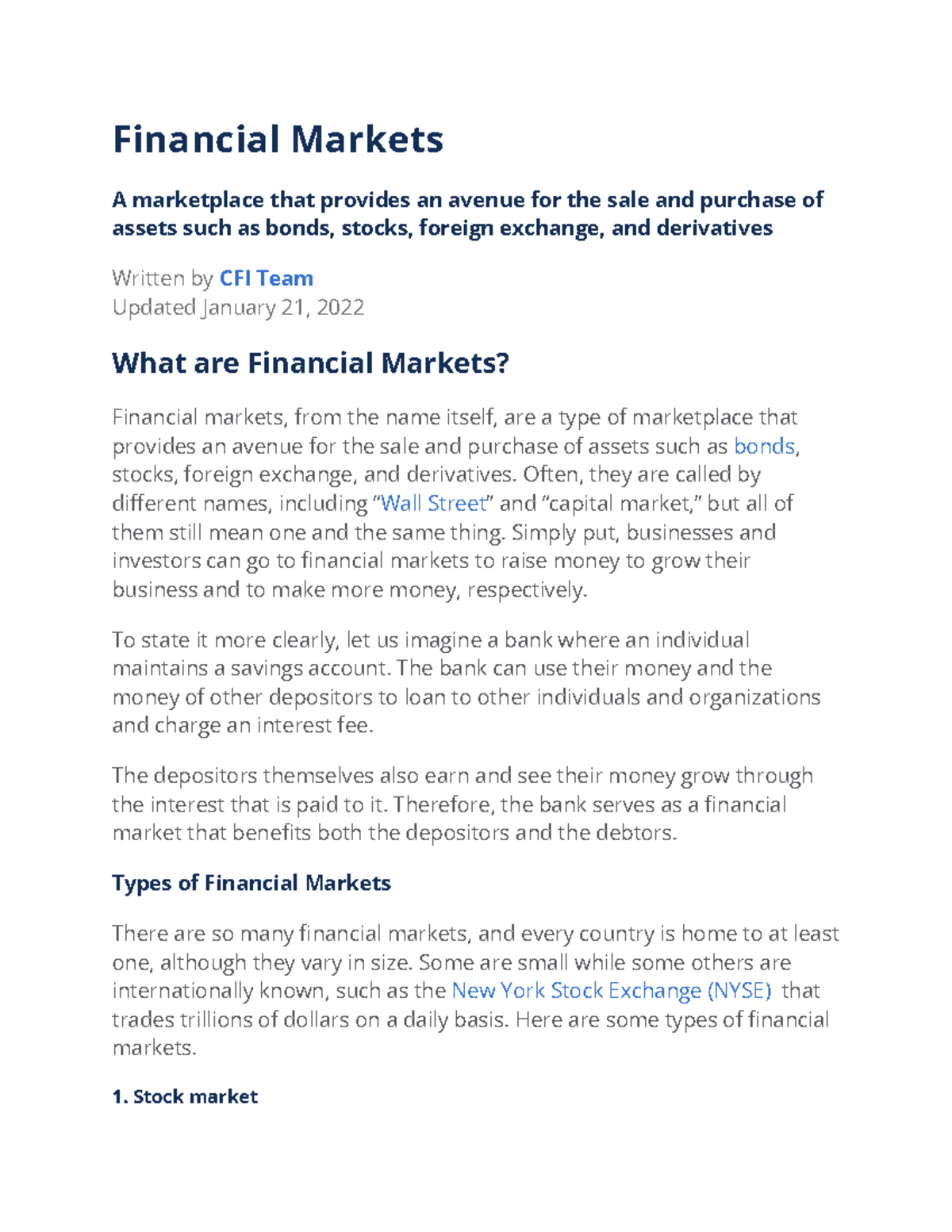 Financial Markets - Often, they are called by different names ...