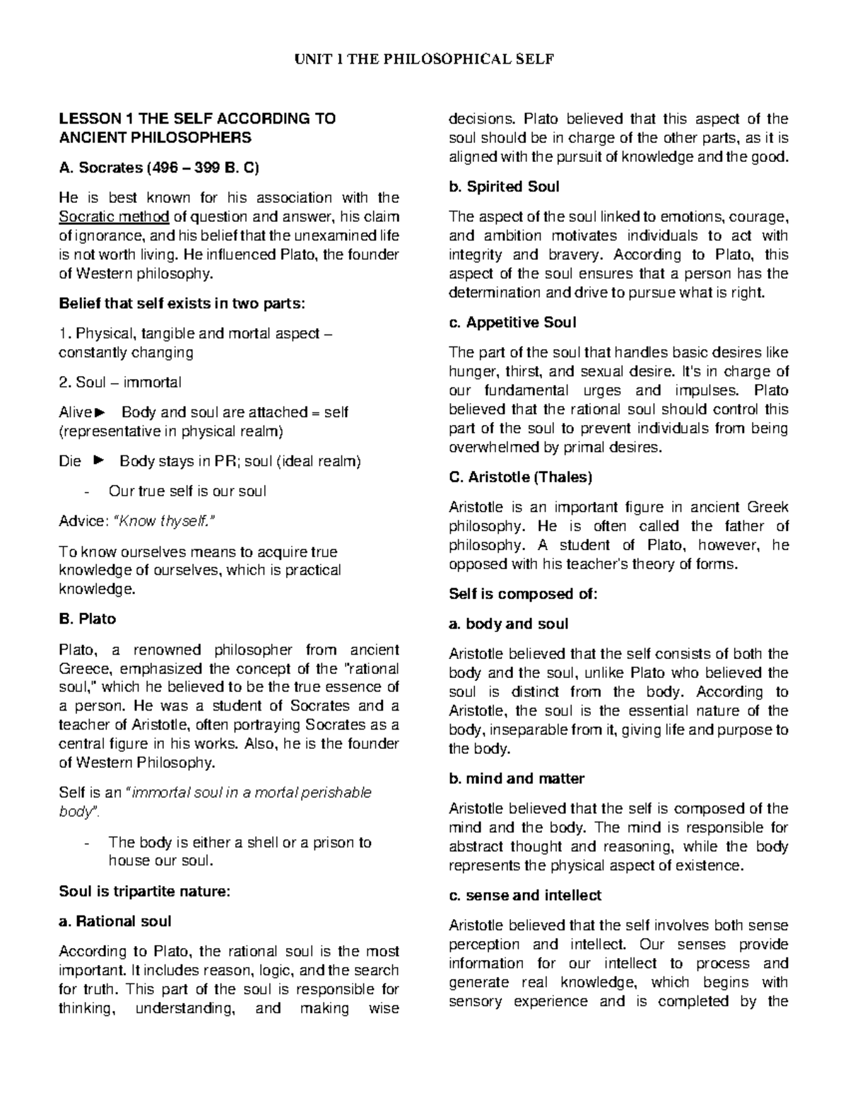 Understanding-the-Self-1 - UNIT 1 THE PHILOSOPHICAL SELF LESSON 1 THE ...