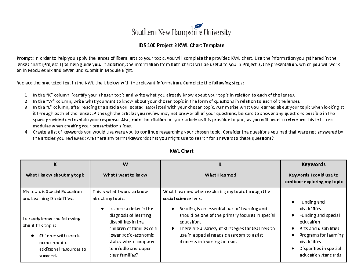 IDS 100 KWL Chart - This is a completed version often of the main ...