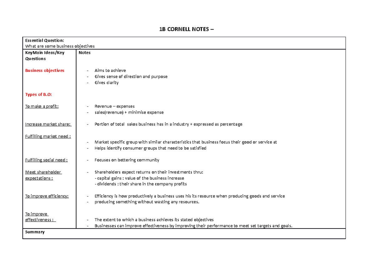 Business objectives notes - 1B CORNELL NOTES – Essential Question: What ...