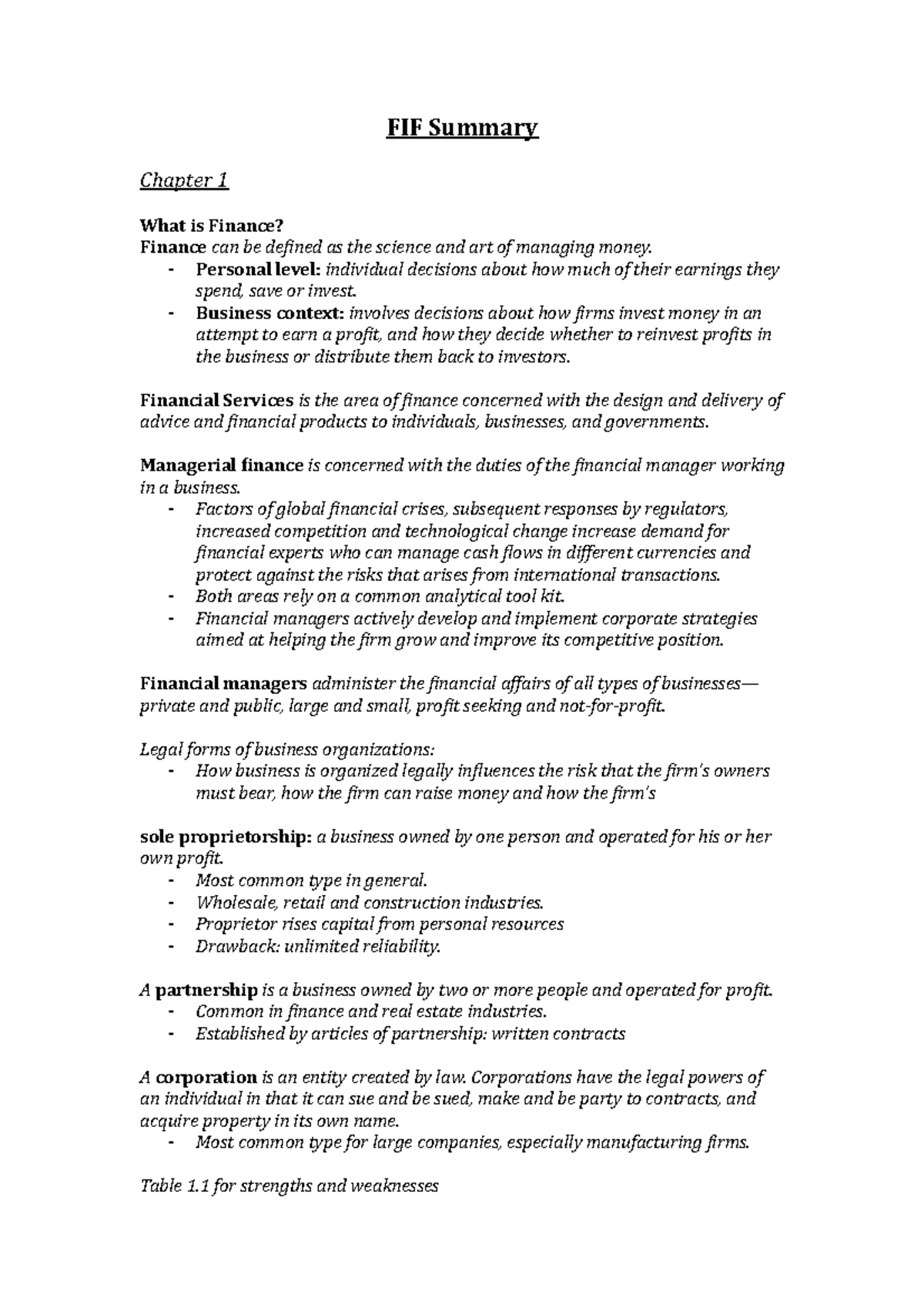 Summary of fundamentals in finance1 - FIF Summary Chapter 1 What is ...