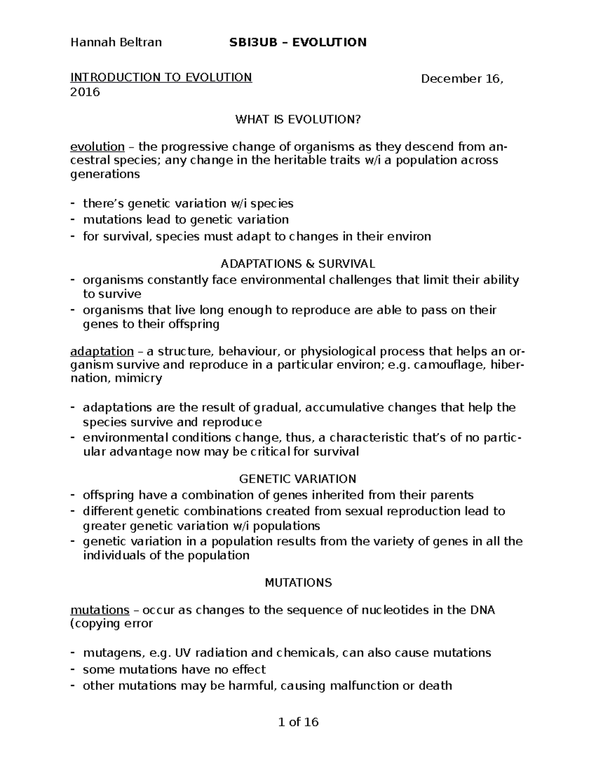 Evolution - Lecture notes 1-8 - INTRODUCTION TO EVOLUTION December 16 ...
