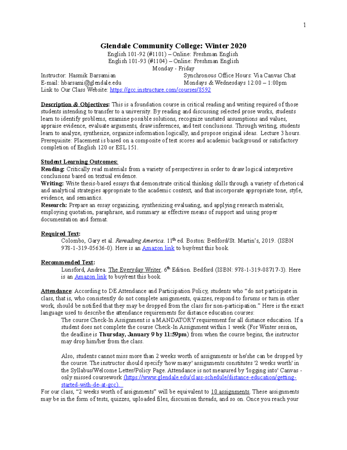 Syllabus For English 101 GCC Online Winter 2020 Glendale Community