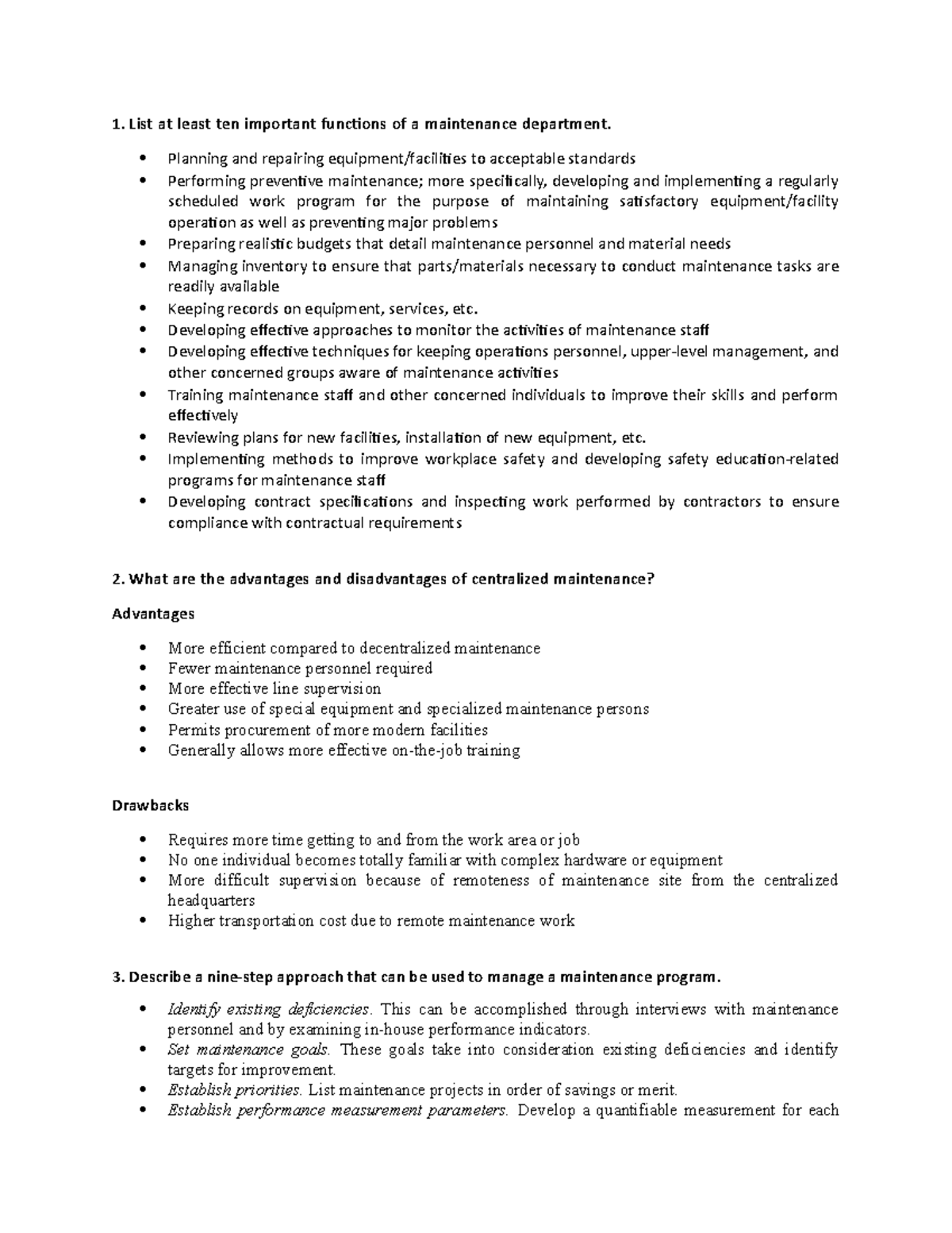 Engineering Maintenance a modern approach chapter 3 - 1. List at least ...