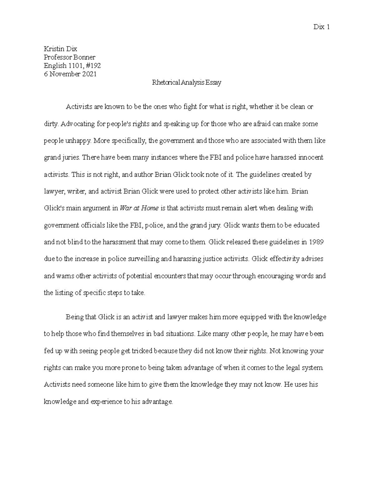 Rhetorical Analysis Essay - Kristin Dix Professor Bonner English 1101 ...