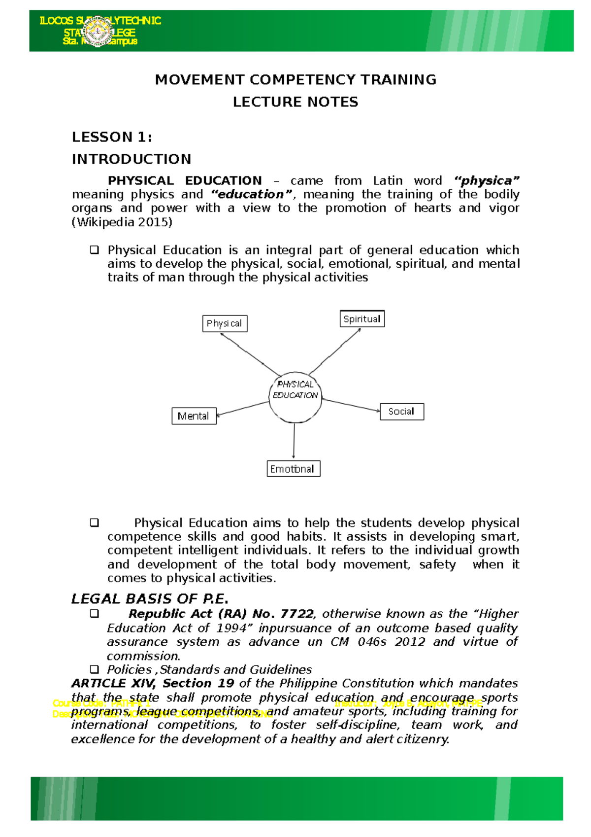 Pathfit Lecture Notes 2022 - STATE COLLEGE Sta. Maria Campus Course ...