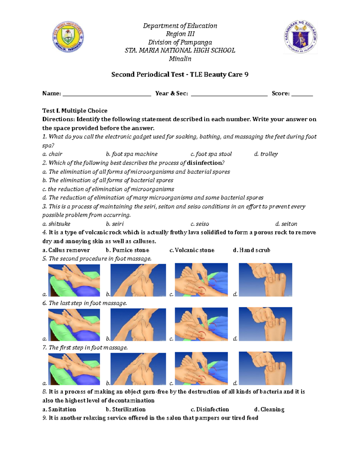Second Periodical Test - TLE Beauty Care 9 - Region III Division of ...