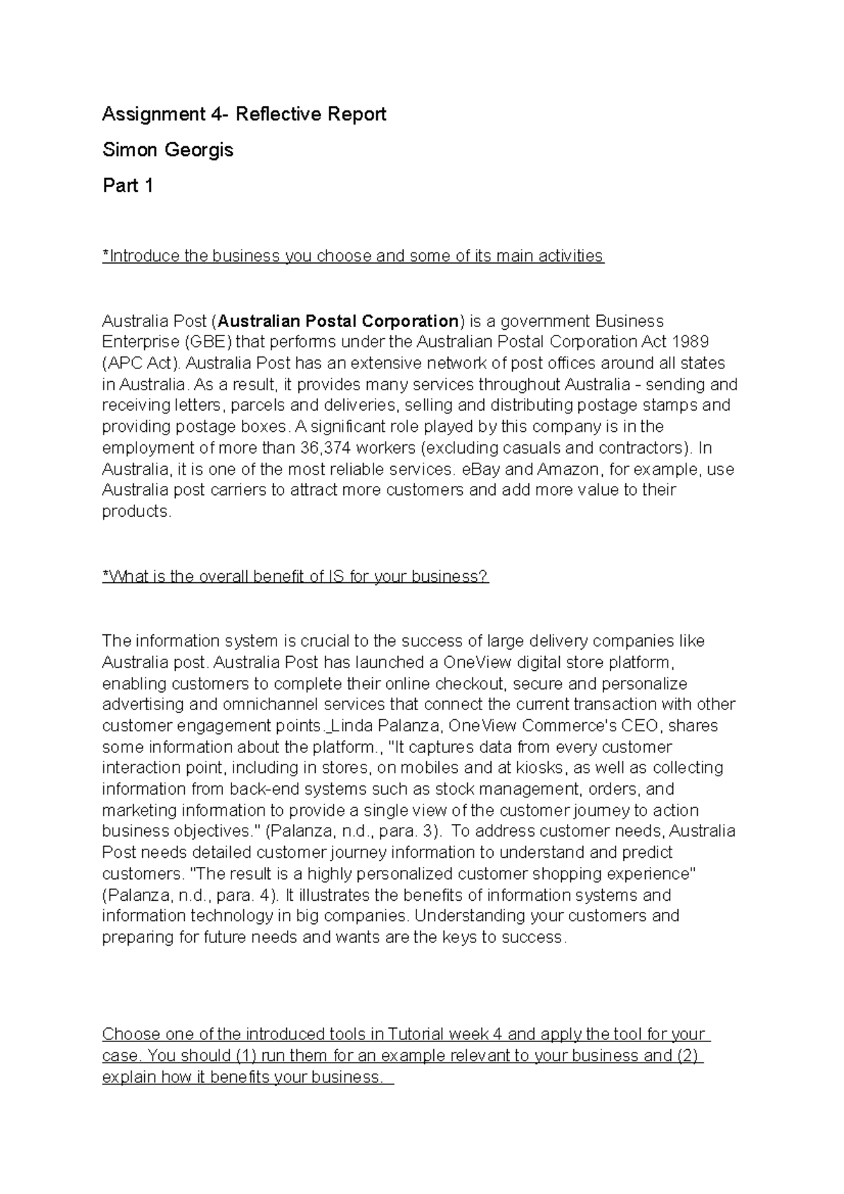 Part 1 - 000 - Assignment 4- Reflective Report Simon Georgis Part 1 *Introduce the business you ...