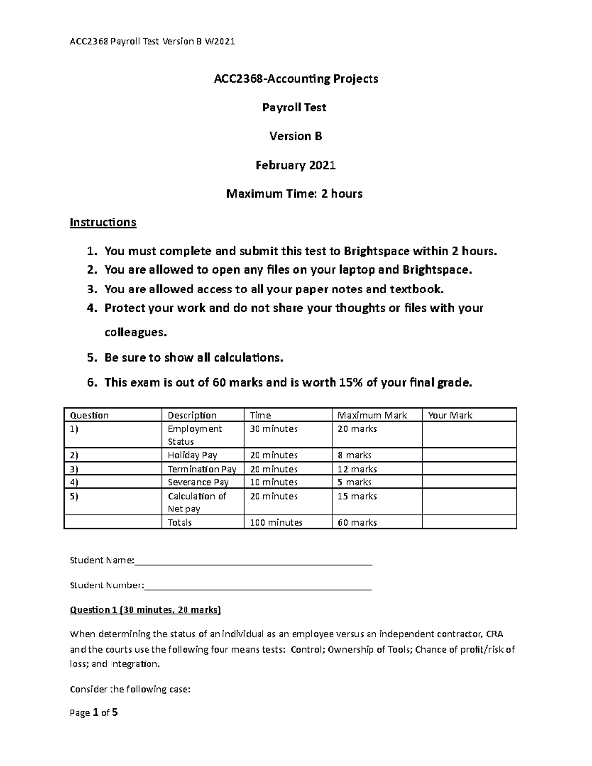 ACC2368 W21 V2 Payroll Test Practice - ACC2368-Accounting Projects ...