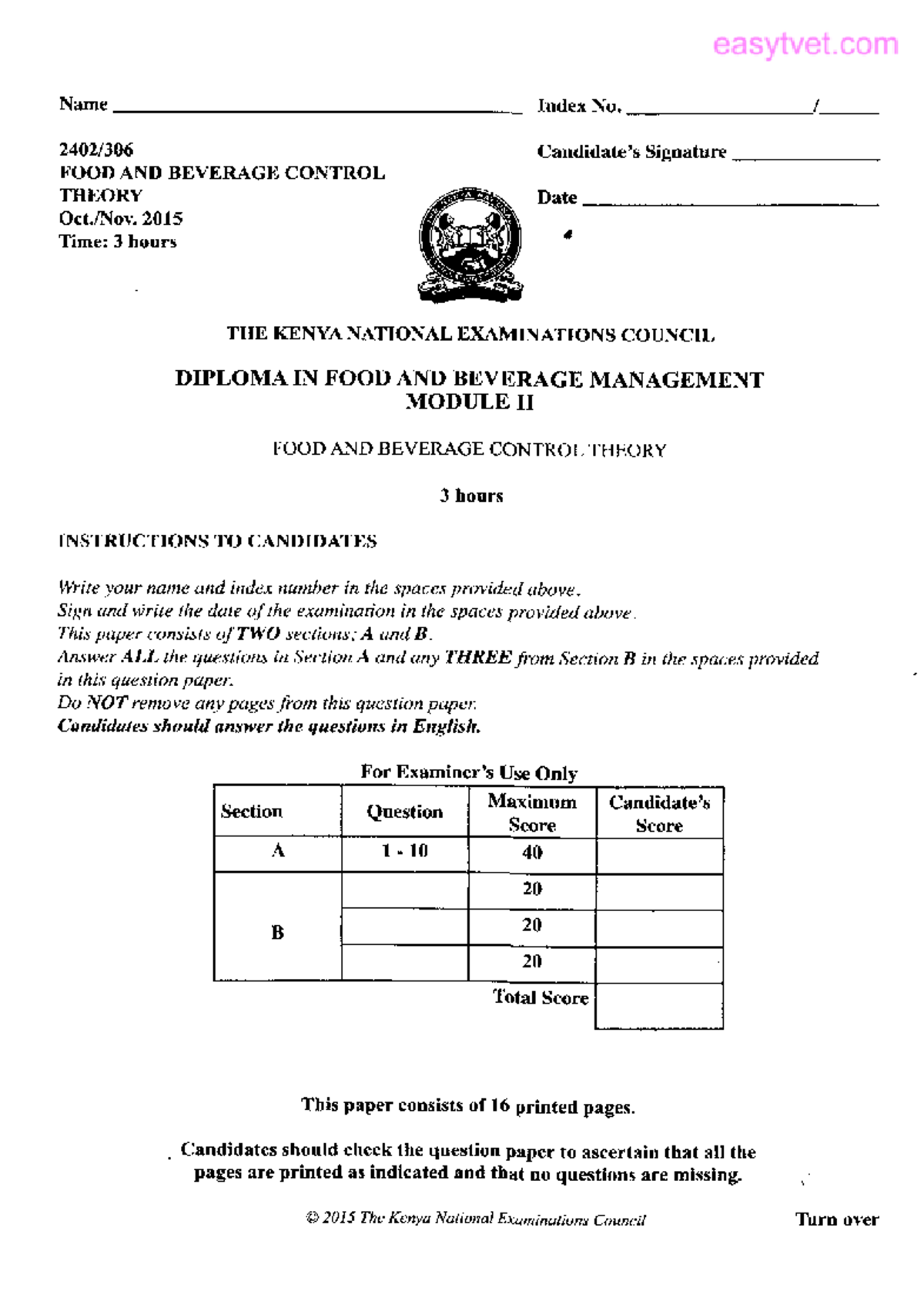 Food And Beverage Production Theory Knec Past Papers at Jason Rico blog