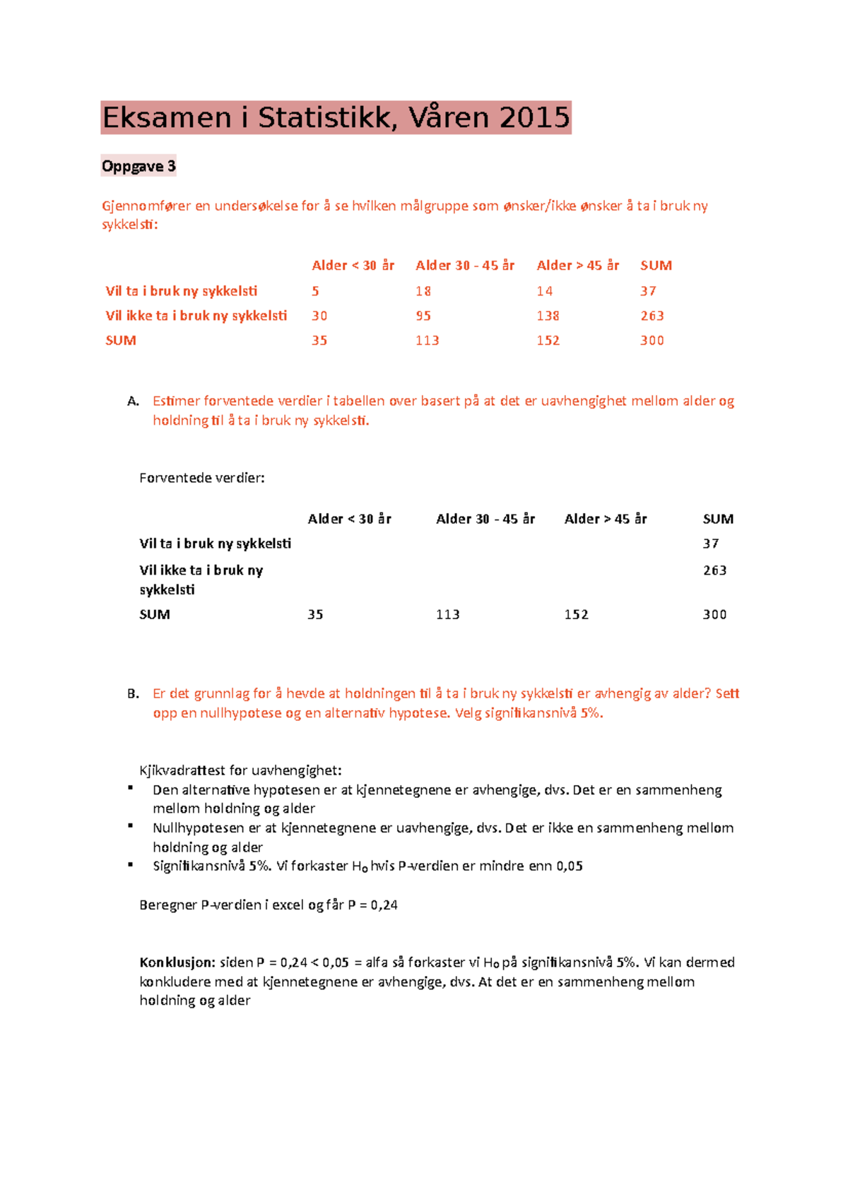 Eksamen i Statistikk Våren 2015 - Eksamen i Statistikk, Våren 2015 Oppgave 3 Gjennomfører en ...