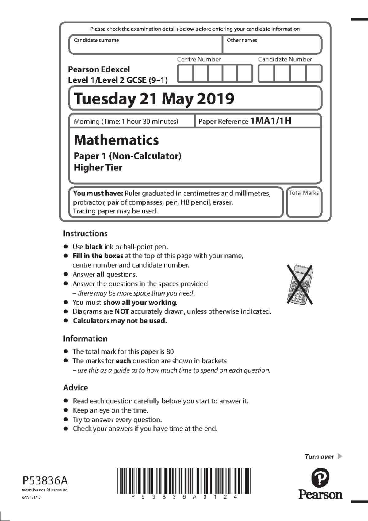 Edexcel GCSE Mathematics Higher Paper 1 QP - P53836A ©2019 Pearson ...