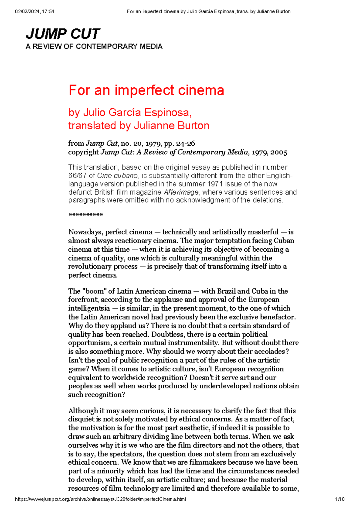 For an imperfect cinema by Julio García Espinosa, trans. by Julianne ...