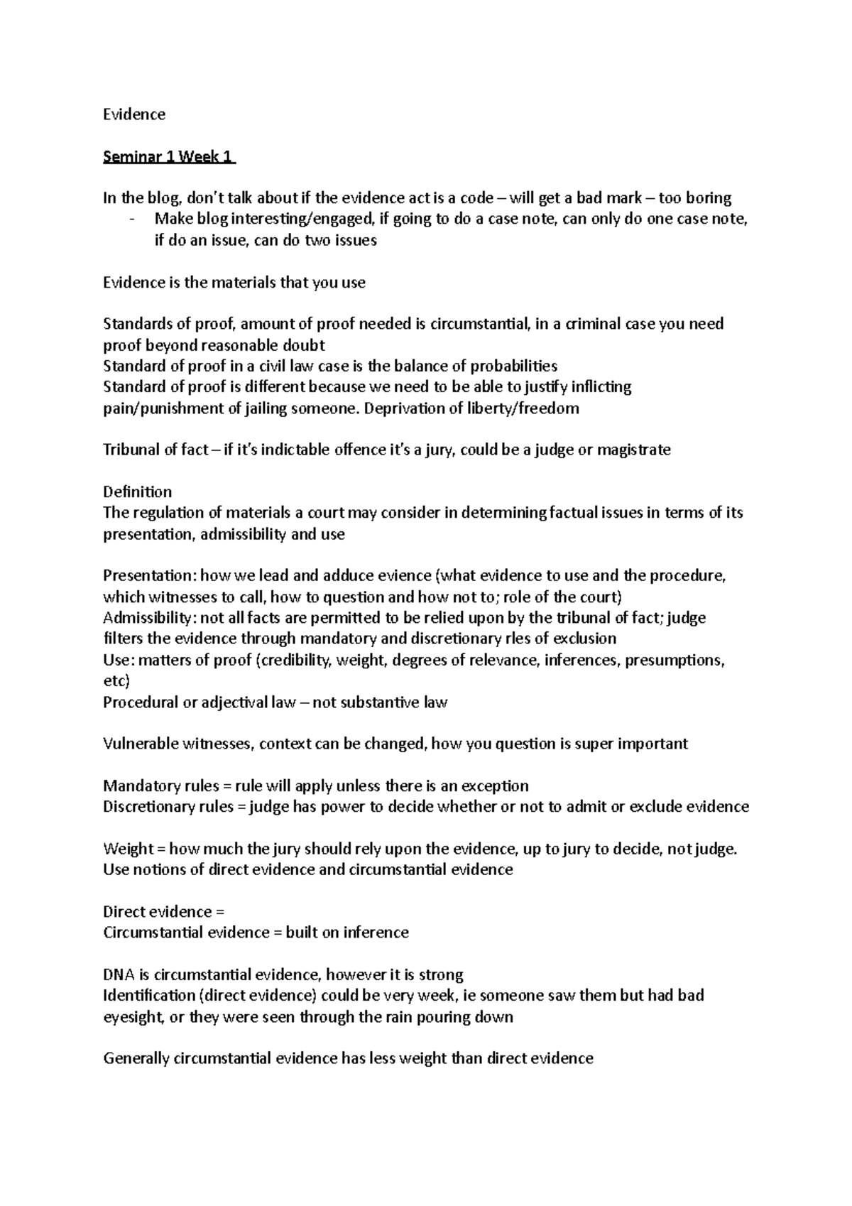 Evidence - Lecture notes 1 - Evidence Seminar 1 Week 1 In the blog, don ...